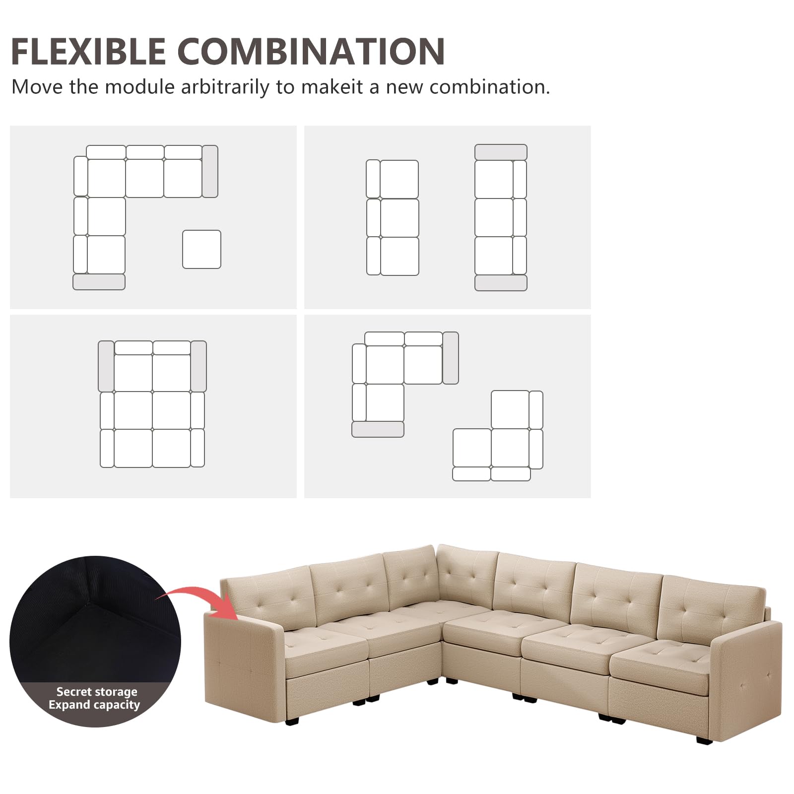 Wimarsbon Modular Sectional Fabric Sofa Set L Shaped Couch Reversible Chaise Modular Sectional Couch with Storage Ottoman, U Shaped Comfy Modular Sofa for Living Rome & Lounge (Grey)