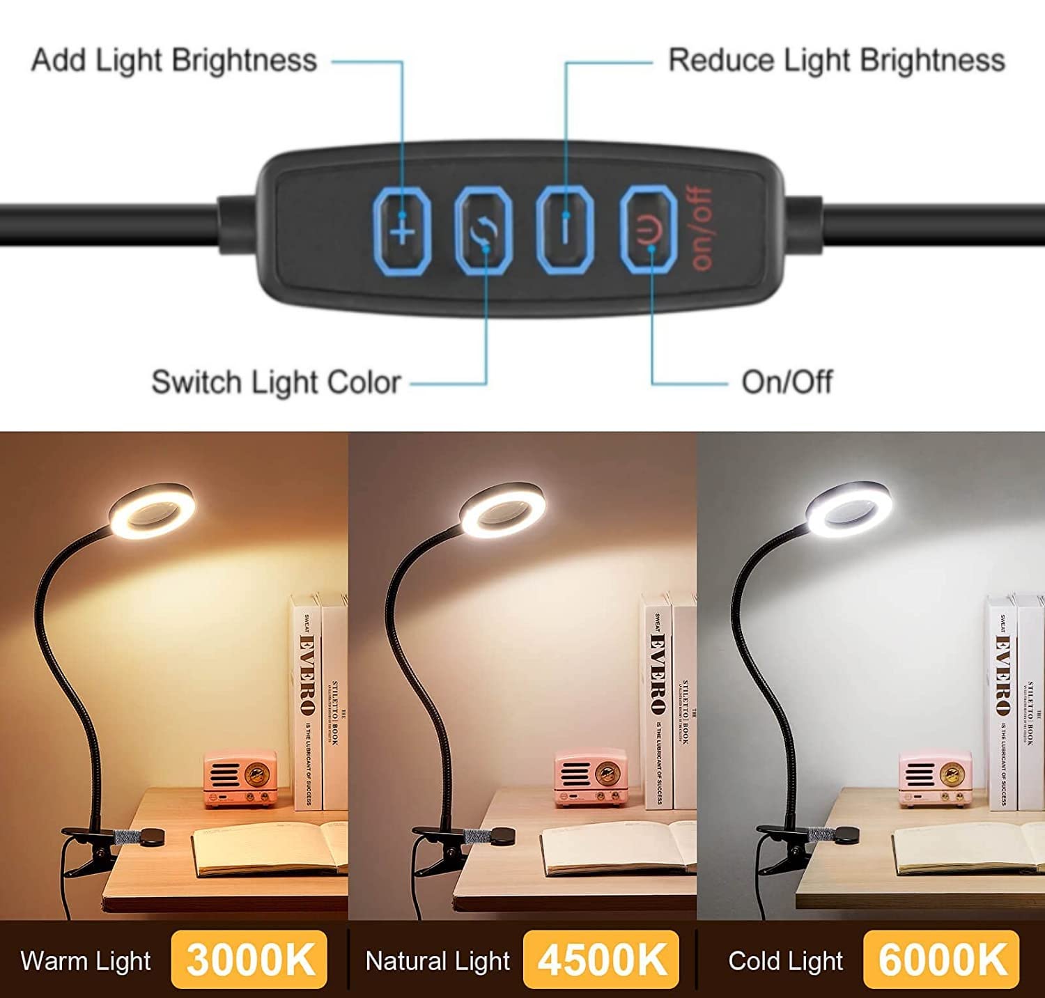 lishumei LED USB 5X Magnifying Desk Lamp with Clamp, 48 LED Desk Lamp with 3 Color Modes 10 Brightness, 360 ° Flexible Gooseneck Clamp Lamp for Bed Headboard Reading Makeup Eyebrow