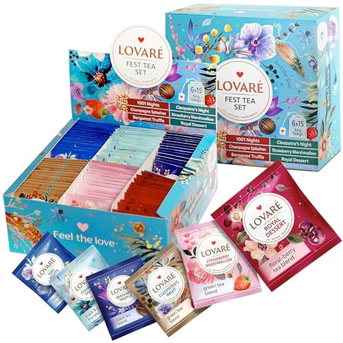 Lovare Black and Green Tea Bags Variety Pack - Made in Ukraine Tea Sampler - Individually Wrapped 90 Assorted Tea Bags - Gift Box For Tea Lovers (FEST TEA SET)