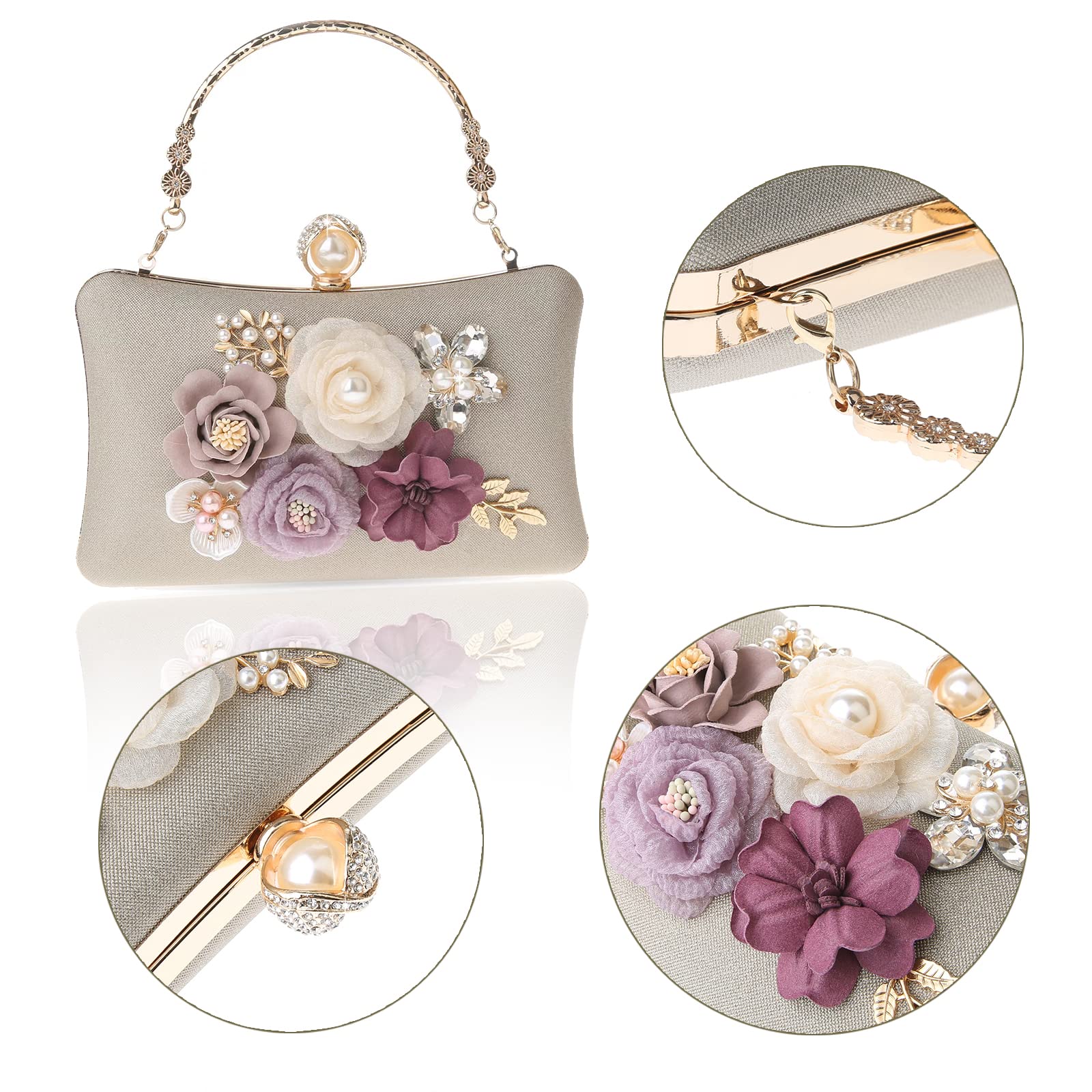 Rkrouco Women's Flower Evening Clutch Bag - Multicolor Flower Handbag with Satin-Gold.