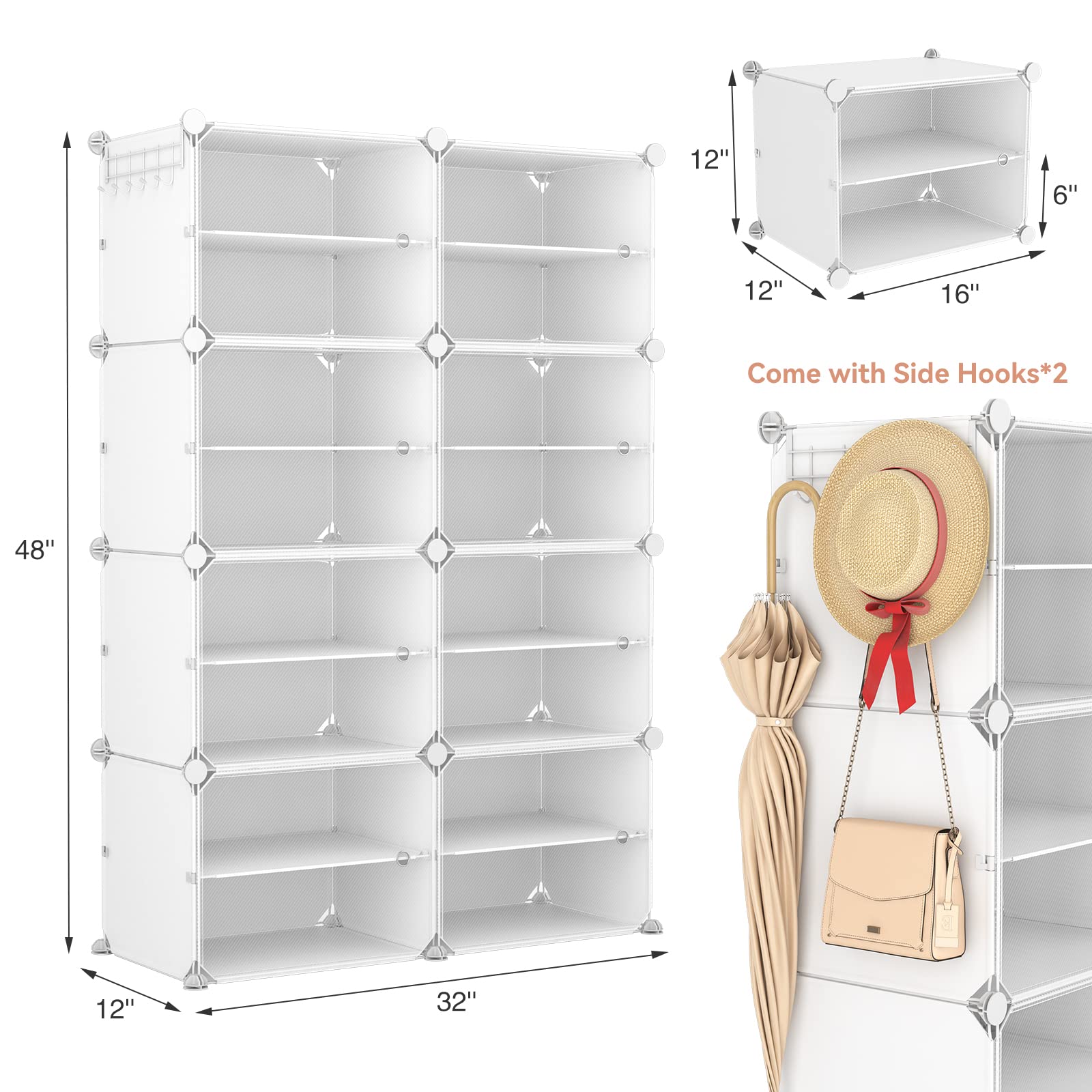 LANTEFUL Shoe Rack 8 Tiers 32 Pair Portable Shoe Storage Organizer Cabinet, Sturdy Plastic Shelf with Hooks, Door for Entryway, Bedroom and Hallway, White