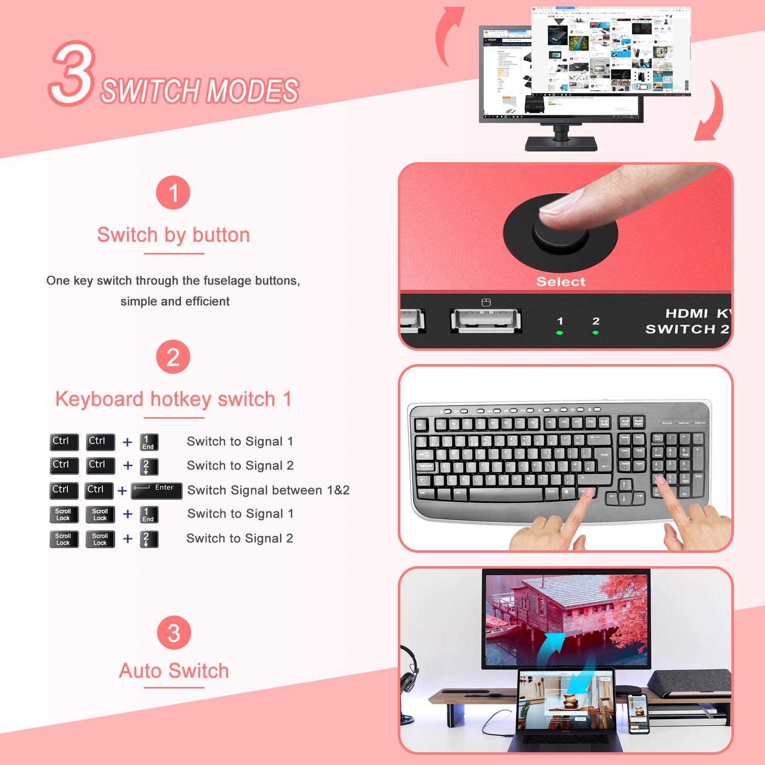 KVM Switch HDMI 2 Port 4K,AVMTON KVM HDMI Switches Box 2 in 1 Out,for 2PC Share 1 Monitor and One Keyboard Mouse,KVM Switch Displayport,Support 4K@30Hz 3D 1080P and Hotkey Switch