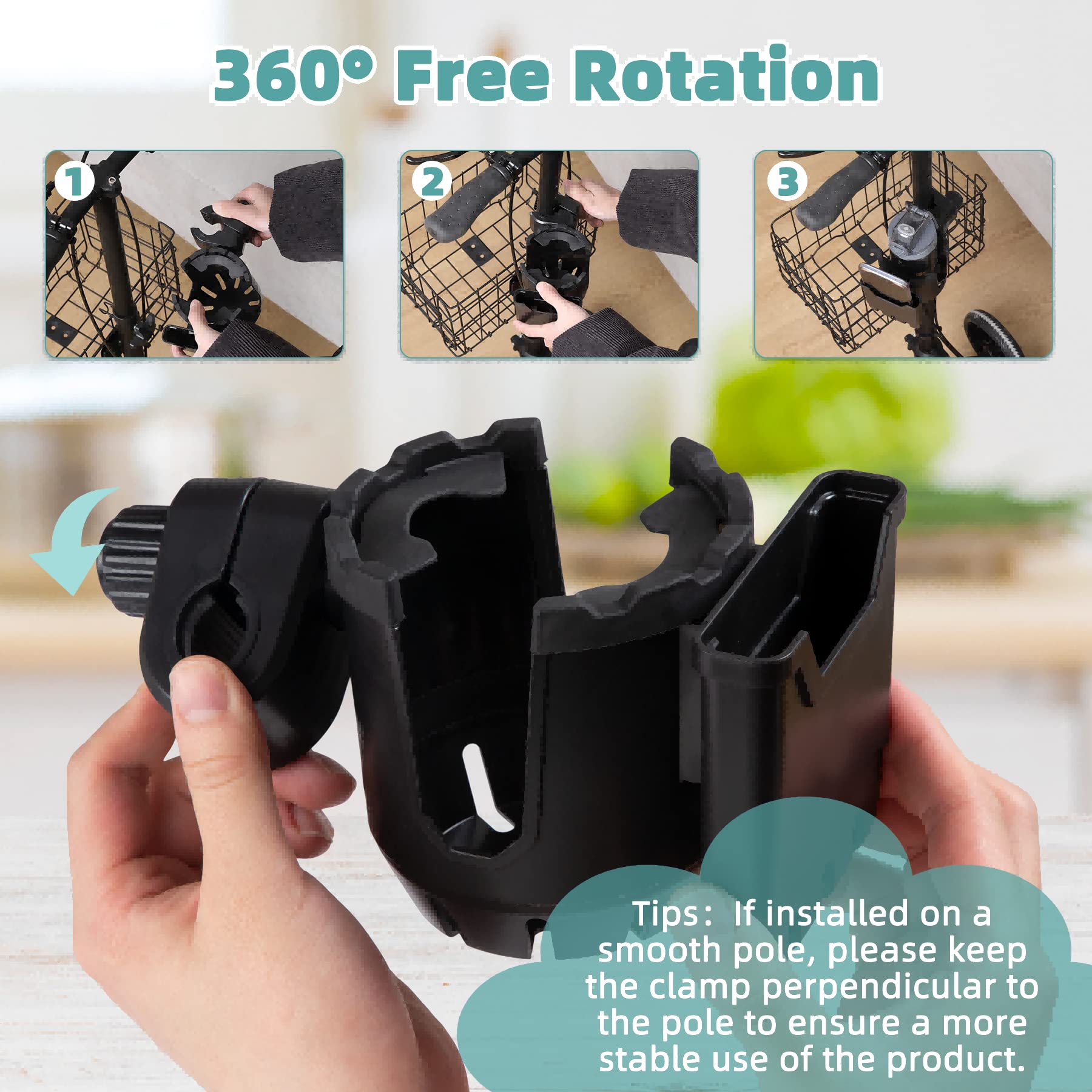 Stroller Cup Holder with Phone Holder, Bike Cup Holder, 2-in-1 Universal Cup Phone Holder for Stroller, Bike, Wheelchair, Walker, Scooter, Black