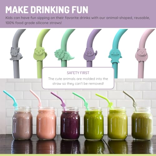 melii Reusable Silicone Animal Straws for Toddlers & Kids with Cleaning Brush β BPA Free, Dishwasher & Microwave Safe (6 Straws)