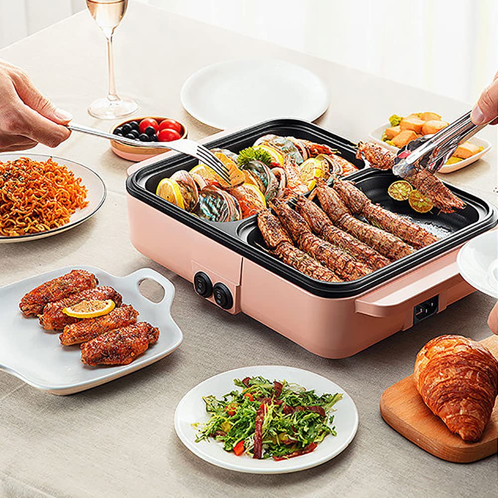 Mini Electric Grill and Hot Pot, 2 in 1 Portable Electric Hot Pot Barbecue Grill Non-Stick Teppanyaki Pan 110V Multifunction Nonstick Griddle & Hot Pot for Steak, Shabu, BBQ - Pink (Pink)