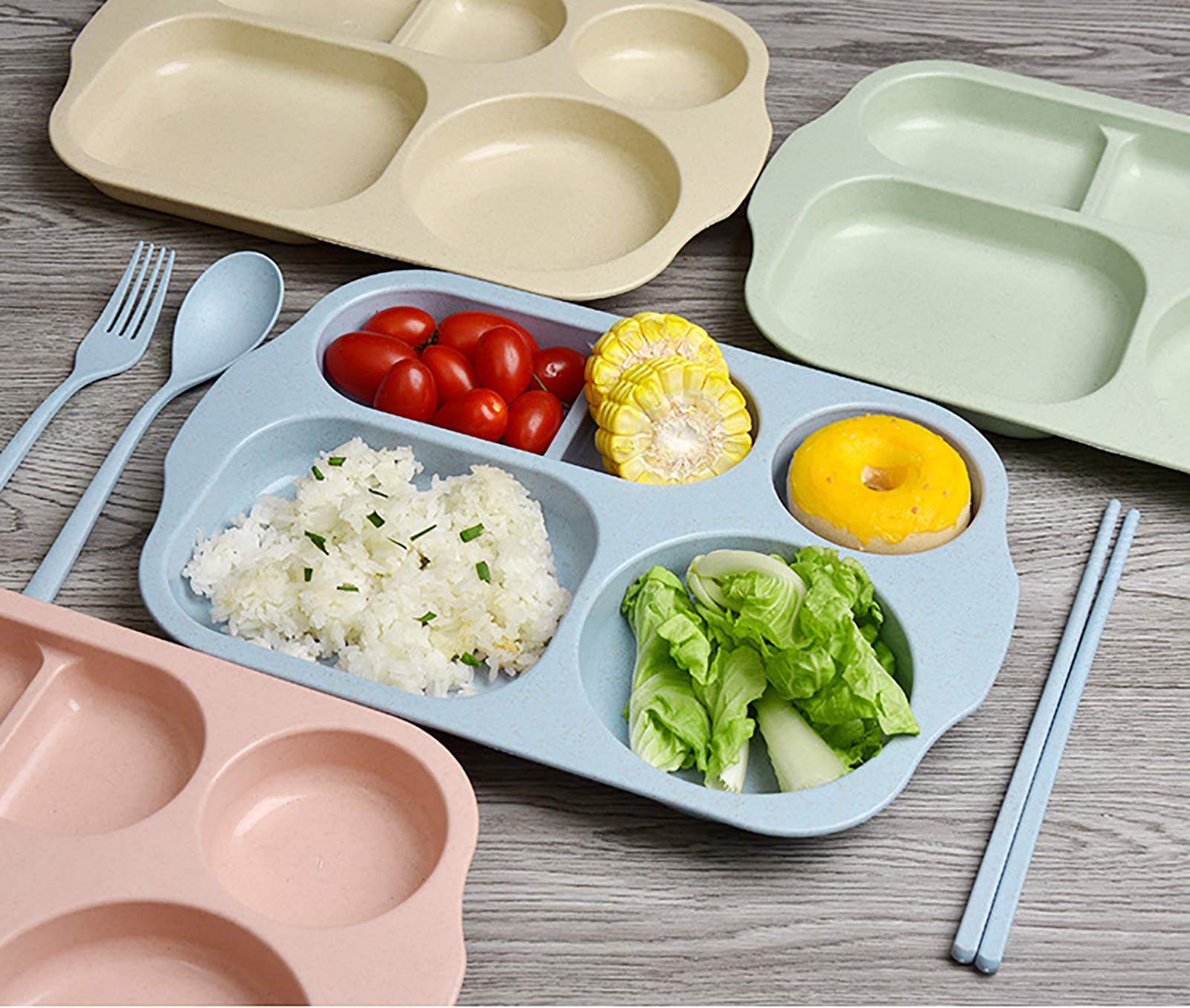 Nicunom 8 Pack Unbreakable Divided Plates, 5-Compartment Wheat Straw Tray Divided Food Plates Lunch Trays Section Plates for kids Adults, Microwave Dishwasher Safe, BPA Free, 11 Inch