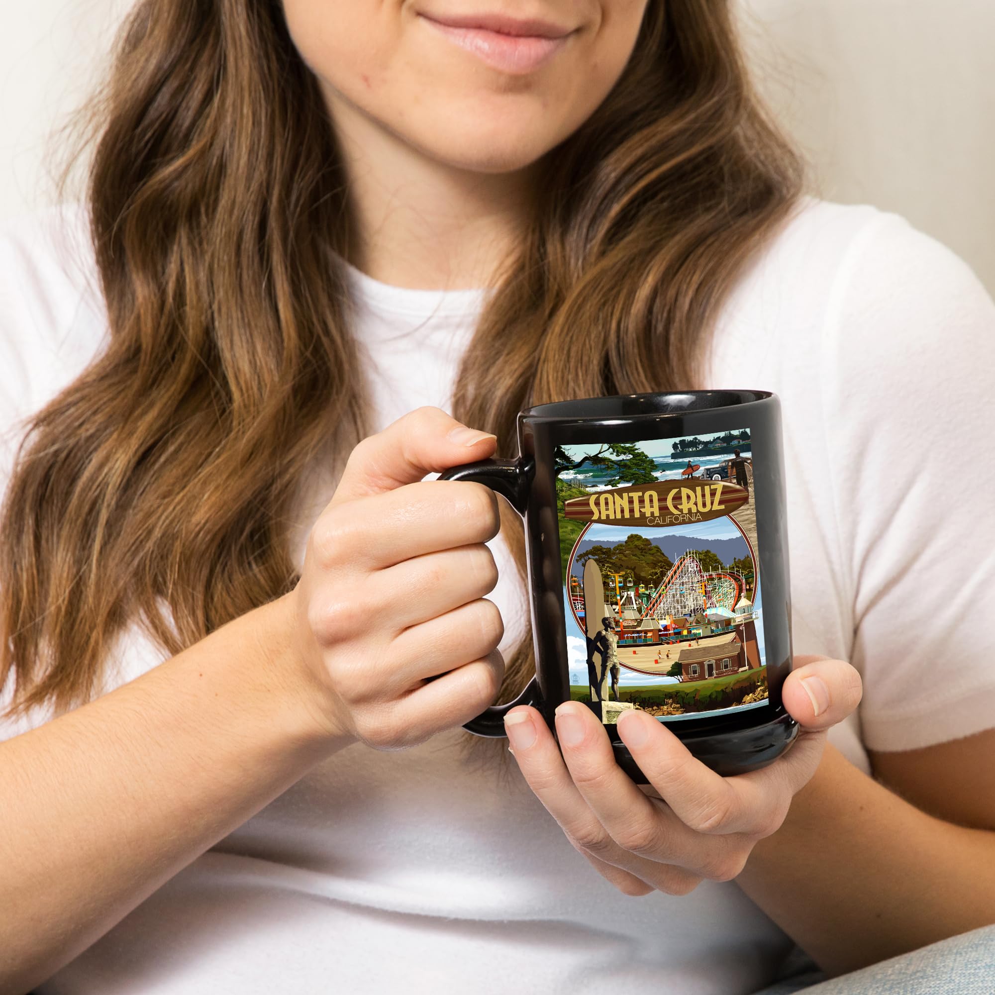 Lantern Press Santa Cruz, California, Scenes Montage (15oz Black Ceramic Coffee and Tea Mug, Dishwasher and Microwave Safe)