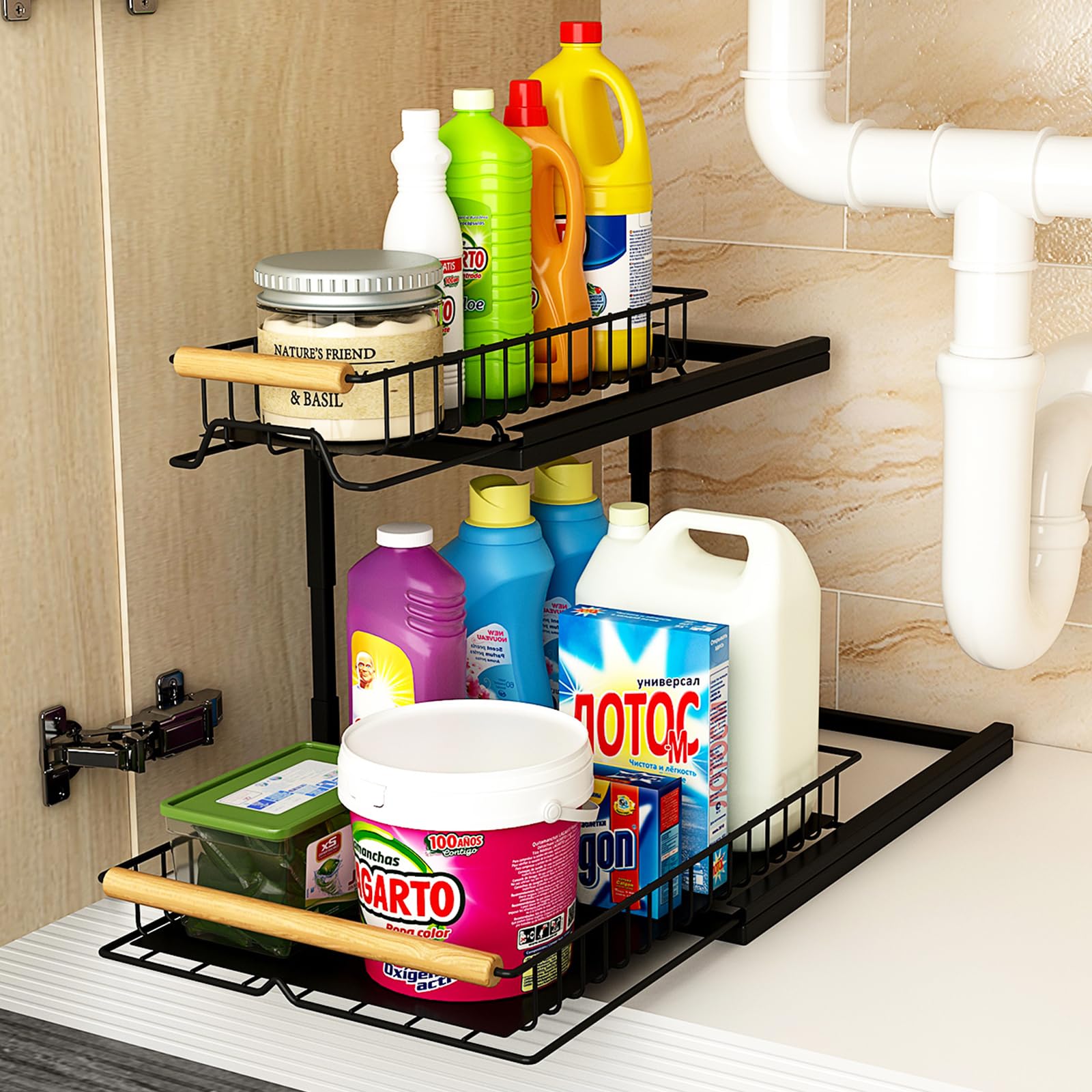 NADAMOO Under Sink Organizers and Storage, Pull Out Cabinet Organizer with 2 Sliding Drawers, 2 Tier Multi-use Under Sink Shelf Rack for Kitchen Bathroom Laundry Organization