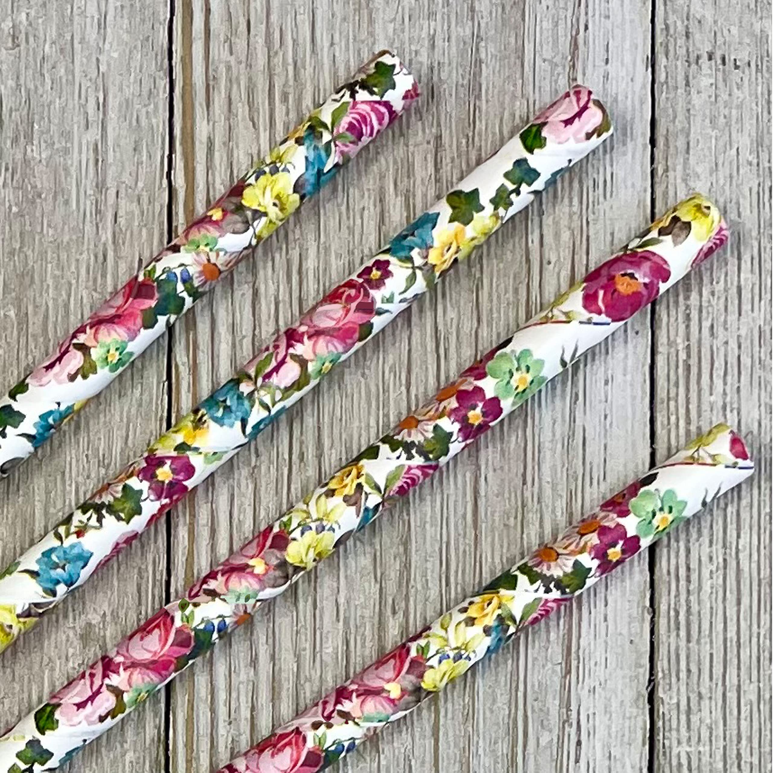 Rose Floral Paper Straws - Valentine Wedding Birthday Shower Supply - Pink Yellow Blue White - 7.75 Inches - 100 Pack - Outside the Box Papers Brand