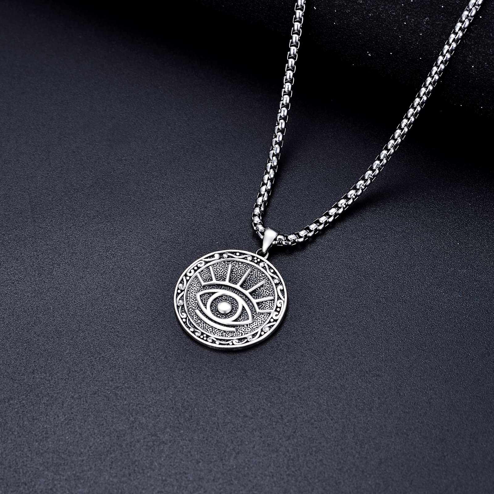 PDTJMTG Evil Eye Necklace Sterling Silver Evil Eye Pendant with 22”+2” Stainless Steel Chain Gift for Men Women
