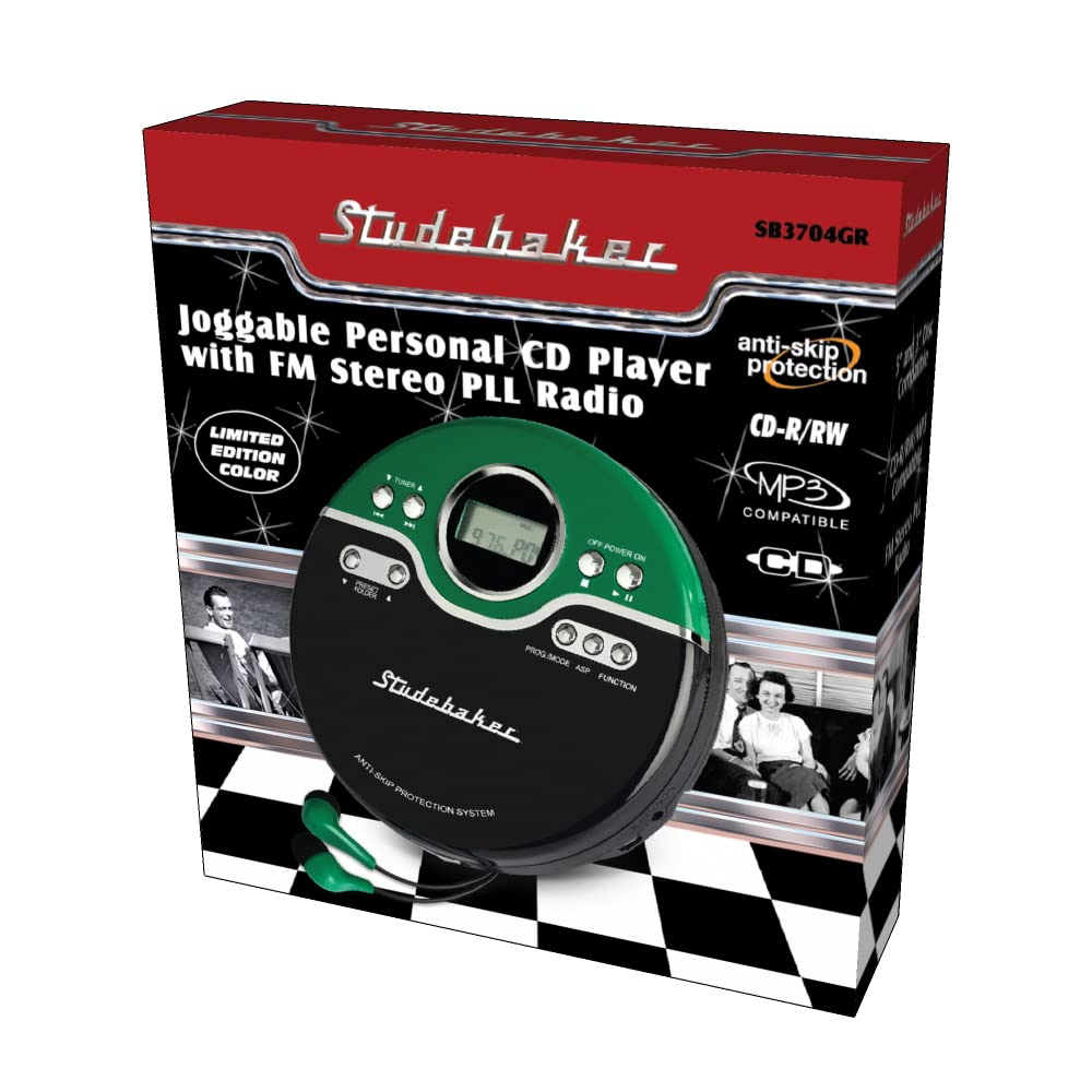 Studebaker Green Retro Portable CD Player | CD-R/RW MP3 Playback | Programmable Personal CD Player | Anti-Skip | FM Radio | Mega Bass Boost | Sport Earbuds (Vintage Green)