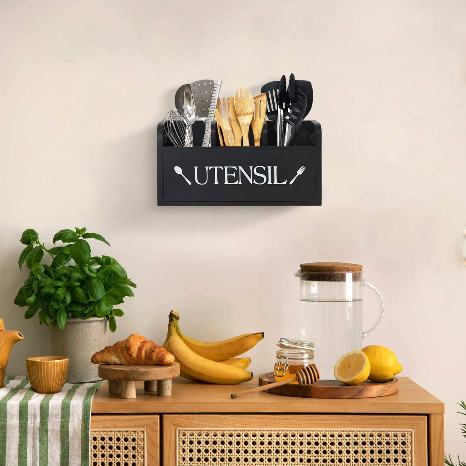 MEMOORIAL Utensil Holder for Kitchen Counter, Rustic Large Kitchen Utensil Organizer with 3 Compartments, Utensil Caddy Farmhouse Kitchen Decor for Flatware, Cooking Tools Storageā¦