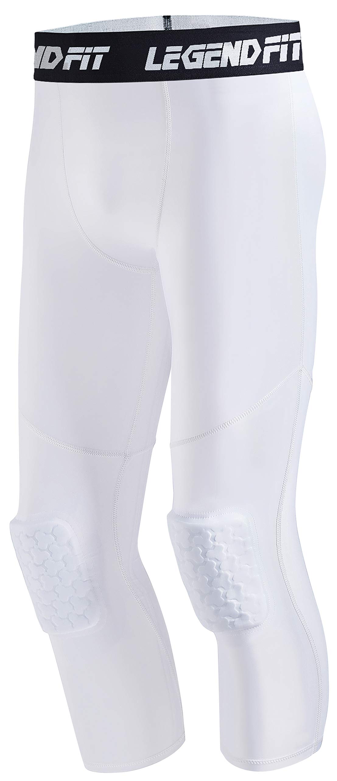 Legendfit Youth Kids Pants with Knee Pads Basketball Compression 3/4 Capri Padded Leggings Sport Tights Boys Girls White