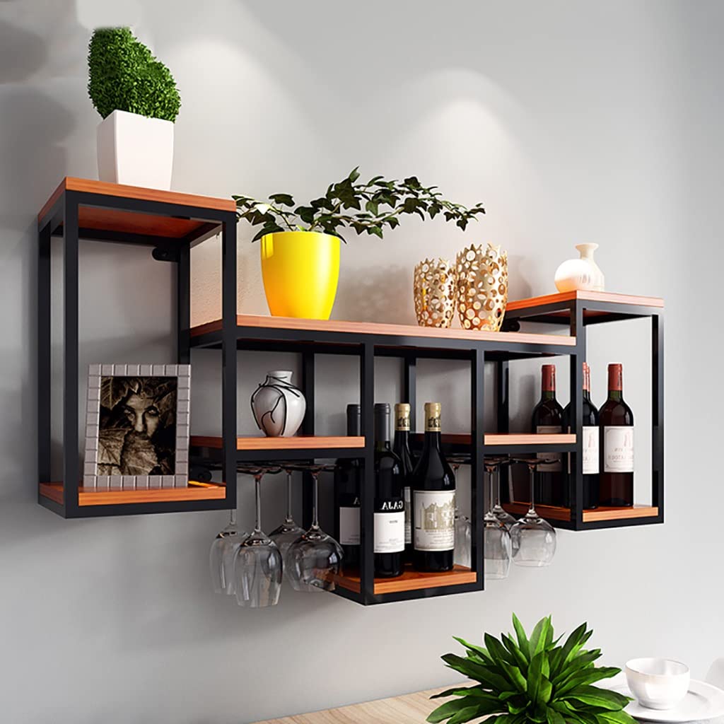 TAUODUYY Wall Mounted Wine Rack, Iron Bracket + Wooden Board Laminate Wall Shelf, with Cup Holder Living Room Backdrop Decorative Hanging Cabinet, Simple Display Shelf ( Color : C )