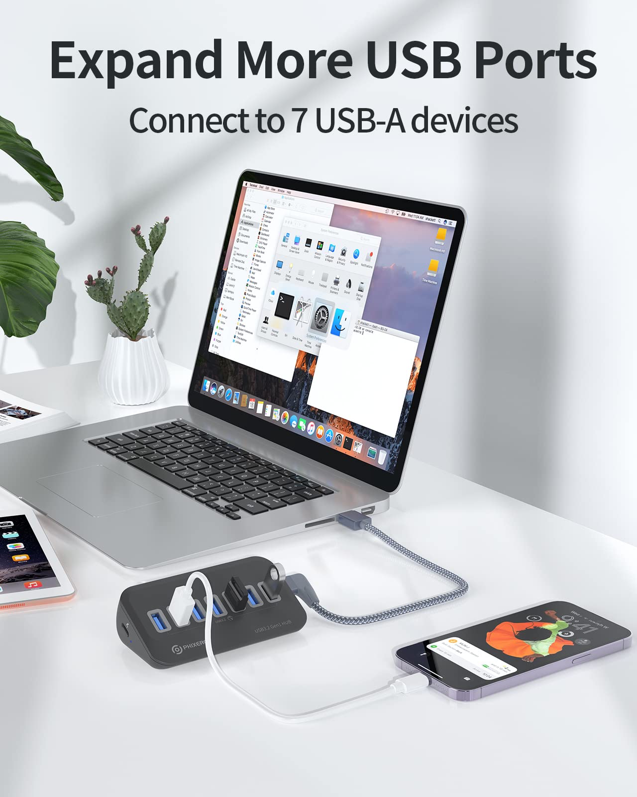 PHIXERO 4 Ports USB 3.0 Hub, 5Gbps USB Port Hub with a 2-in-1 USB C to USB A/C Cable (10Gbps), Portable USB Splitter, USB Hub for Laptop, PC, iMac, MacBook, Playstation, Xbox