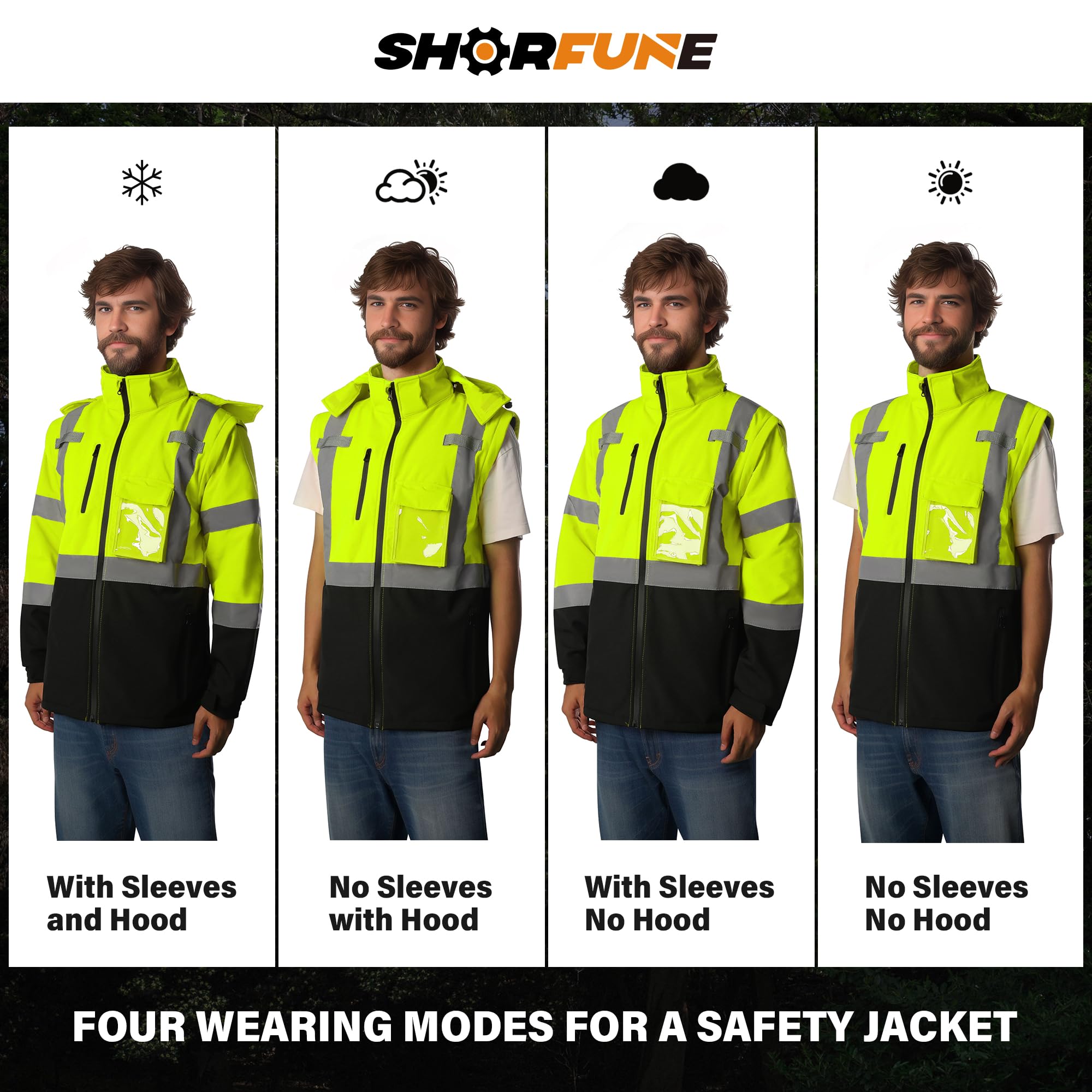 SHORFUNE High Visibility Softshell Waterproof Safety Jacket for Women, Class 3 Reflective Work Jackets with Pockets, Detachable Hood and Sleeves &Black Bottom, L, Yellow