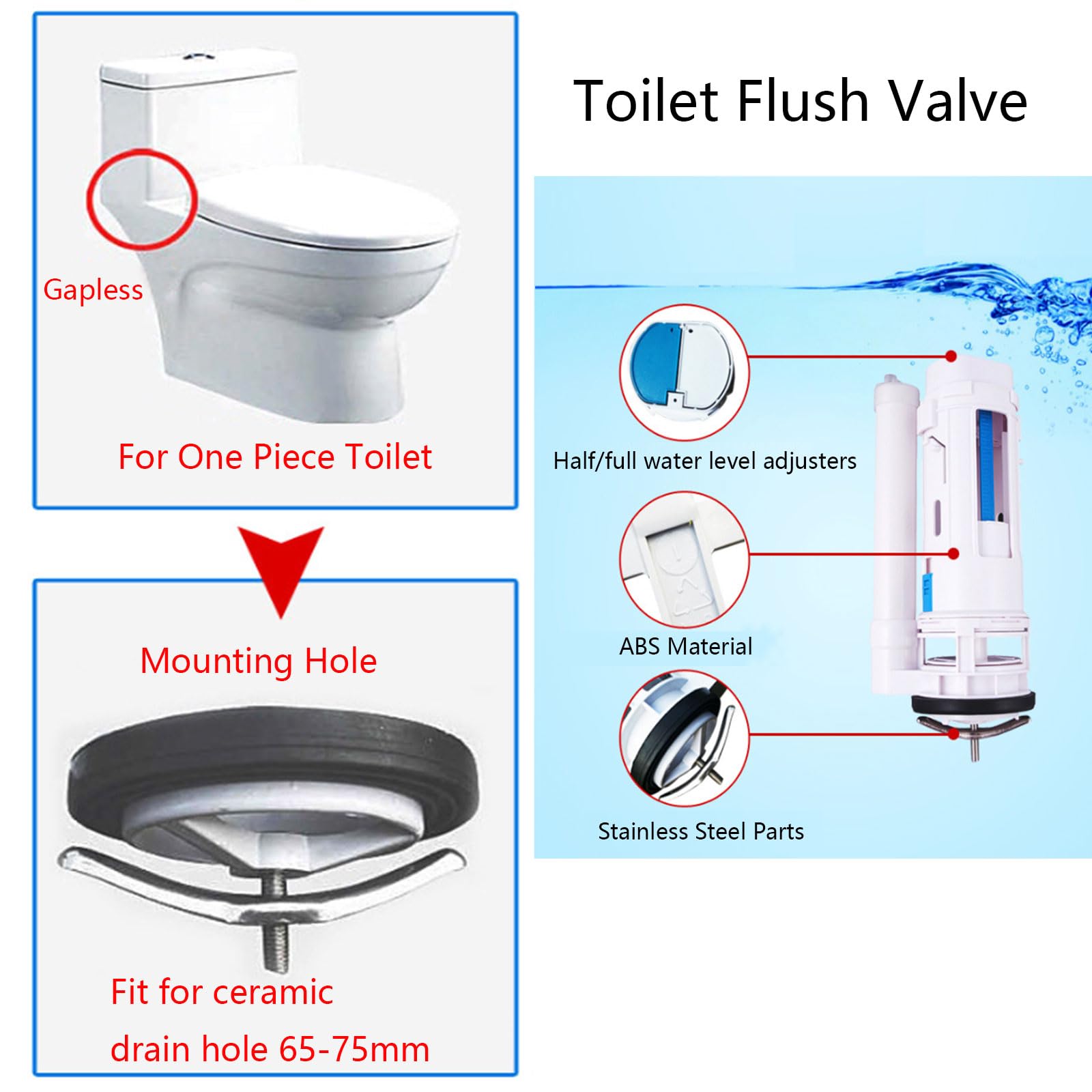 T Tulead Toilet Push Flush Valve Dual 185mm/7.28" Push Button Fill Valve Fit for Drainage Hole 64mm/2.5"