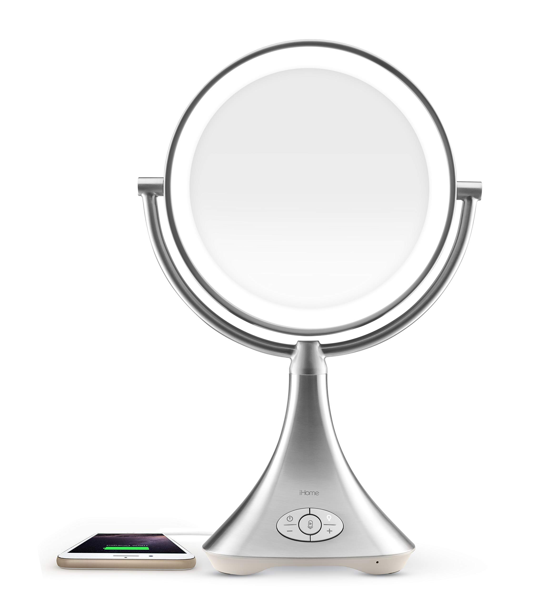 iHome All-in-One, 7X Magnify, 9" LED Bluetooth Audio, Phone Charging Makeup Mirror, Bright LED Light Up Mirror, Natural Light, Hands-Free Speakerphone (Without Spot Mirror)