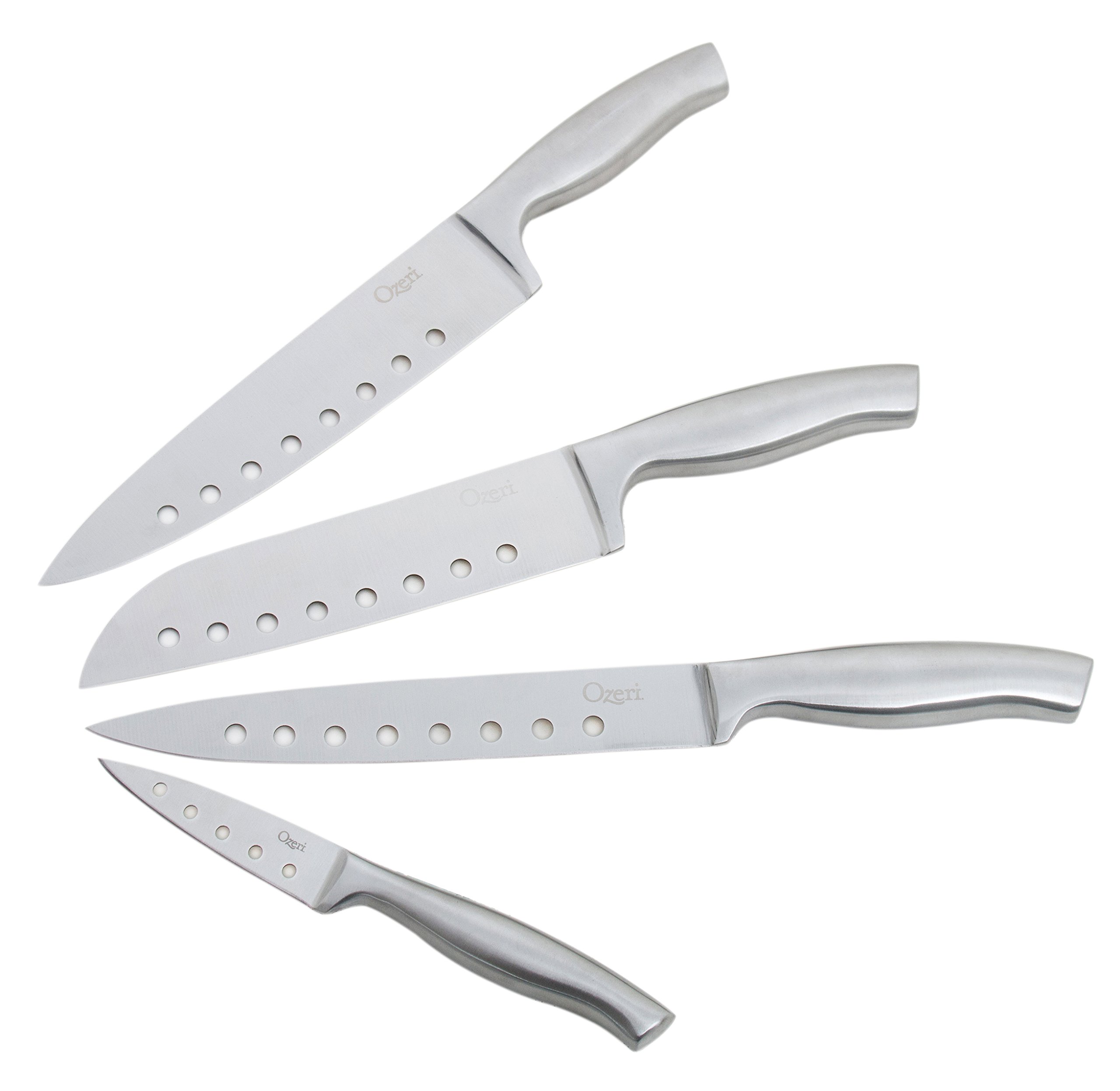 Ozeri 5 Piece Knife and Sharpener Set with Japanese Stainless Steel Slotted Blades, Stainless Steel