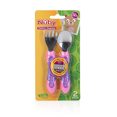 Nuby Stainless Steel Utensil, Pink/Purple, 2 Piece