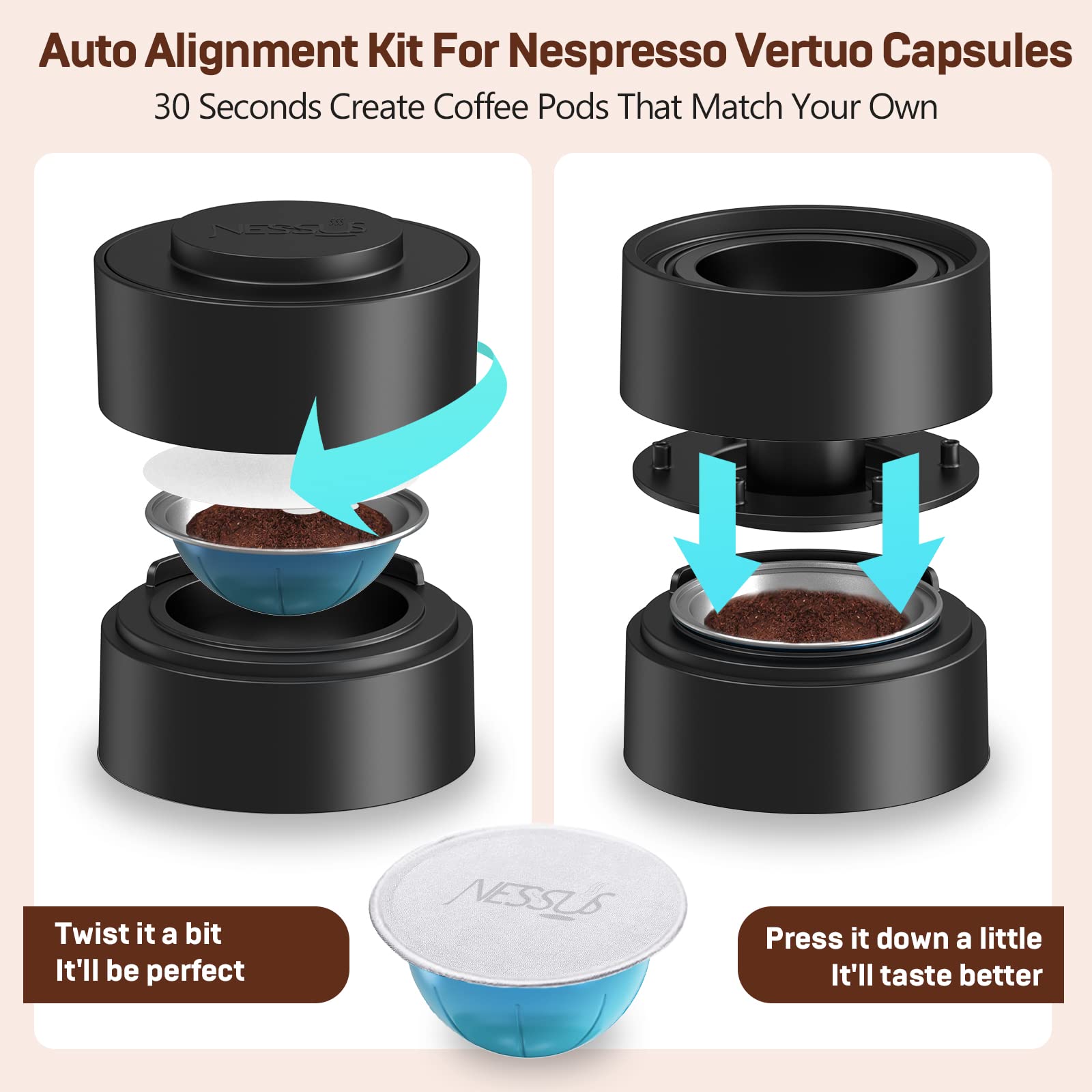 Nessus Vertuo Reusable Pods Kit, 50 Pcs [ALSeal EZ FIT] Aluminum Foil Seals for Nespresso Capsules Vertuoline, Holder and Brush, Fits for Refillable Vertuo Pods(Pods Not Included)