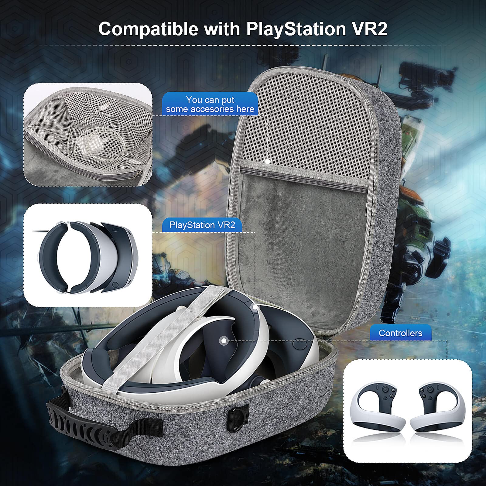 QYCHHJ Hard Carrying Case for PlayStation VR2 All-in-One VR Gaming Headset and Touch Controllers, Portable Travel Cover Storage Bag with Shoulder Strap & Lens Cloth for PS VR2 Accessories, Gray