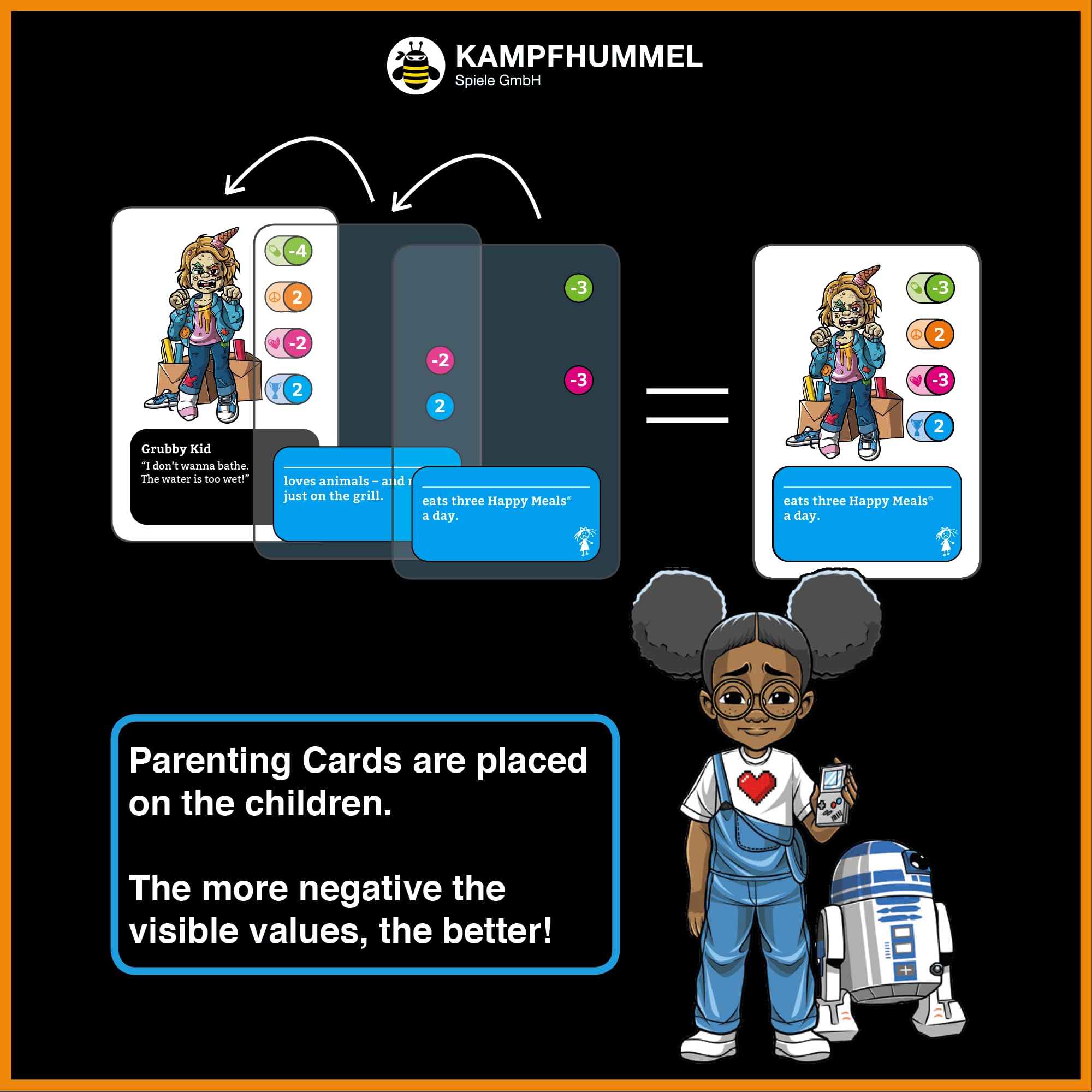 Kampfhummel Bad Brood β Raise your Child as Bad as Possible, sarcastic card game for people with black humor, ages 16+, 3-6 players