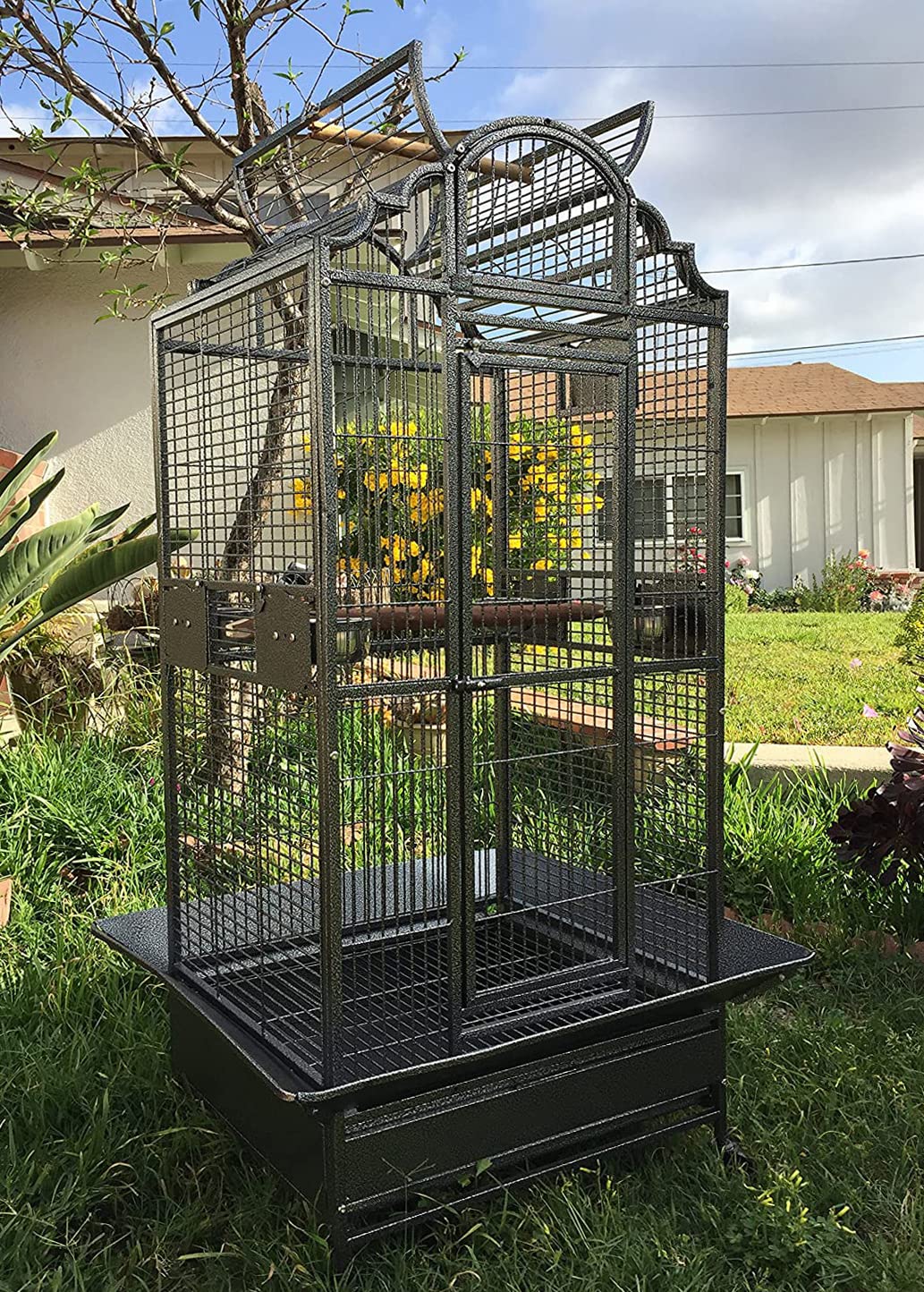 Large Elegance and Durable Wrought Iron Open Play Top Stand Bird Parrot Rolling Cage, Include Metal Seed Guard Solid Metal Feeder Nest Door (30.5 x 29.5 x 63 H, White Vein)
