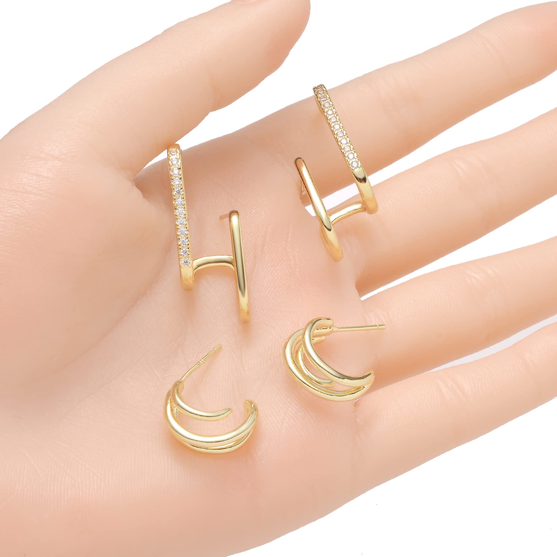Ofeiyaa 6 Pairs Earrings Stud Claw Ear Cuff X-shaped Heart Snowflake Shiny CZ Trendy Minimalist Dainty Double Wrap Huggie Earrings for Women Gold Tone