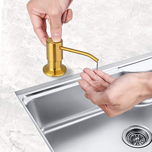 SAMODRA Soap Dispenser for Kitchen Sink, Premium Stainless Steel Pump Head 17 OZ Bottle 3.15 Inch Threaded Tube for Granite Thick Deck Installs (Brushed Brass)