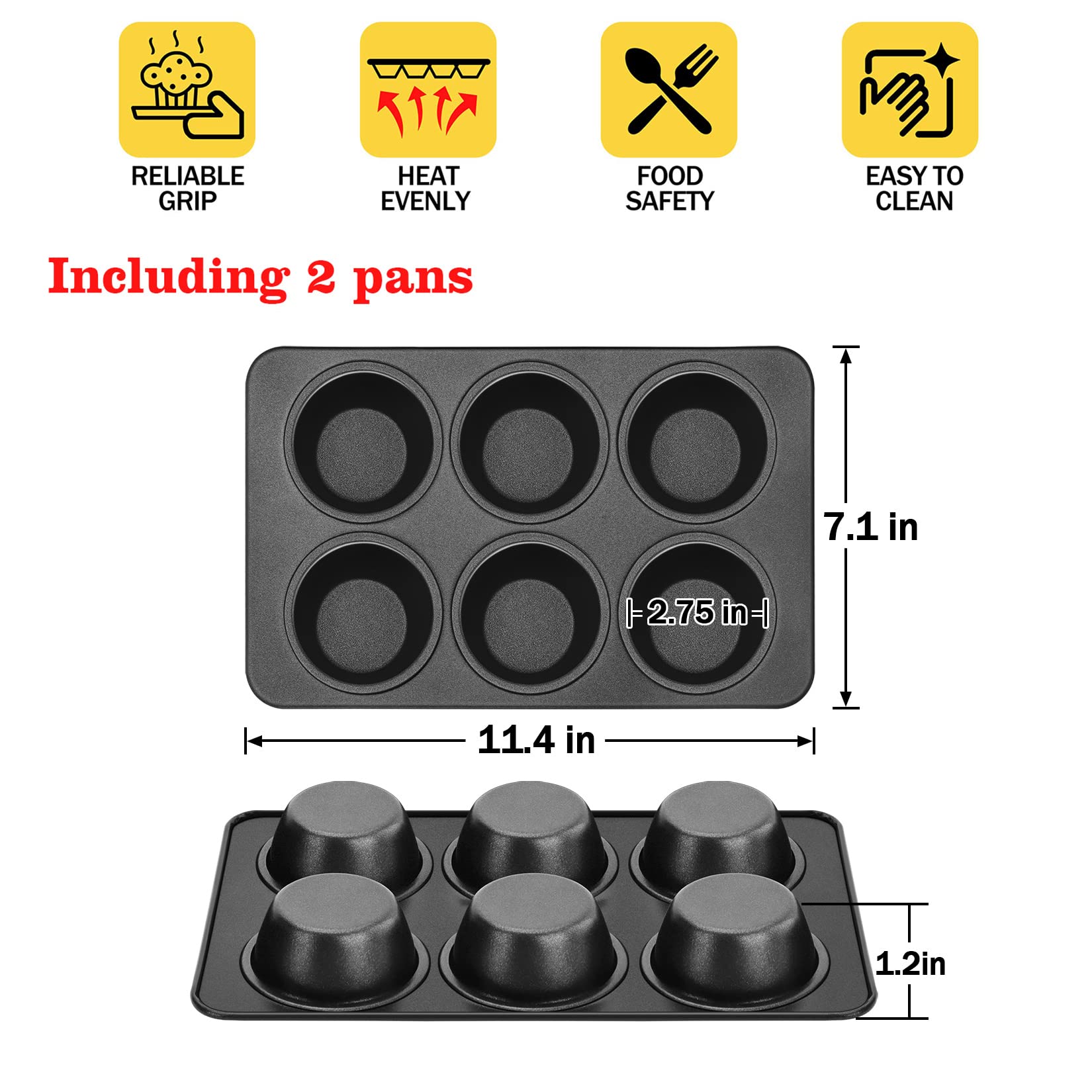 P&P CHEF 6-Cup Muffin Pan Tray Set of 2, Cupcake Pans, Nonstick Coated Stainless Steel Muffin Tin for Baking Mini Egg Cake Brownie Tart, Easy Release & Healthy, Standard Cup Size, Black