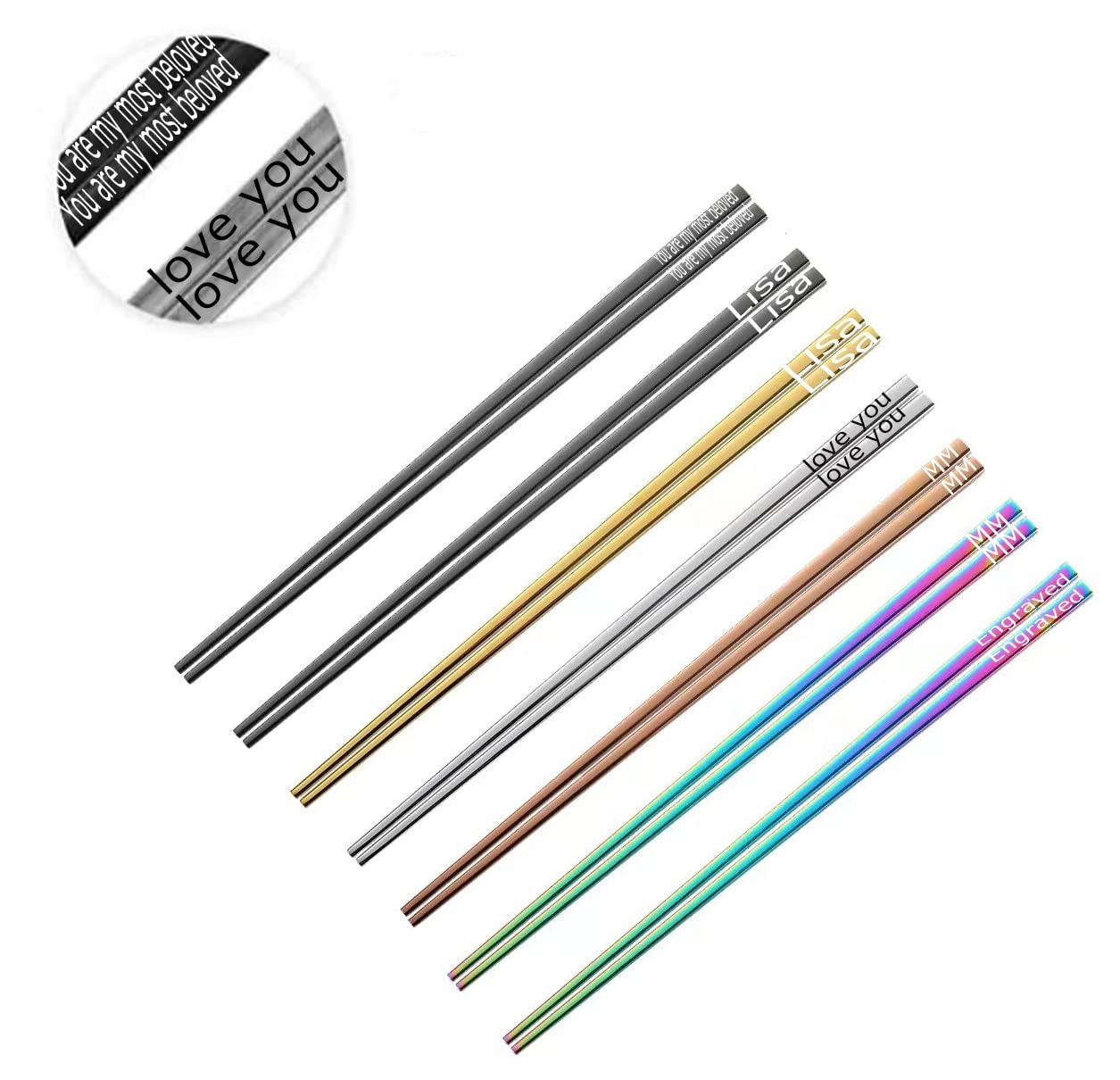 OBTIAN Custom Chopsticks Set Personalized Laser Engraved Gift Stainless Steel Metal Colorful Name Custom Chopsticks Gift for Boyfriend Girlfriend Gift Gift for Friends