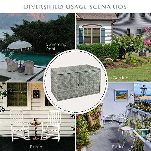 Outdoor 110 Gallon Rattan Deck Box, Wicker Patio Storage Cabinet Waterproof Storage Double Openable Door Cabinet Rattan Storage Deck Box with Lid and Separate Storage Shelf for Garden, Patio, Porch, Yard, can Store Cushions, Tools, Toys,Gray