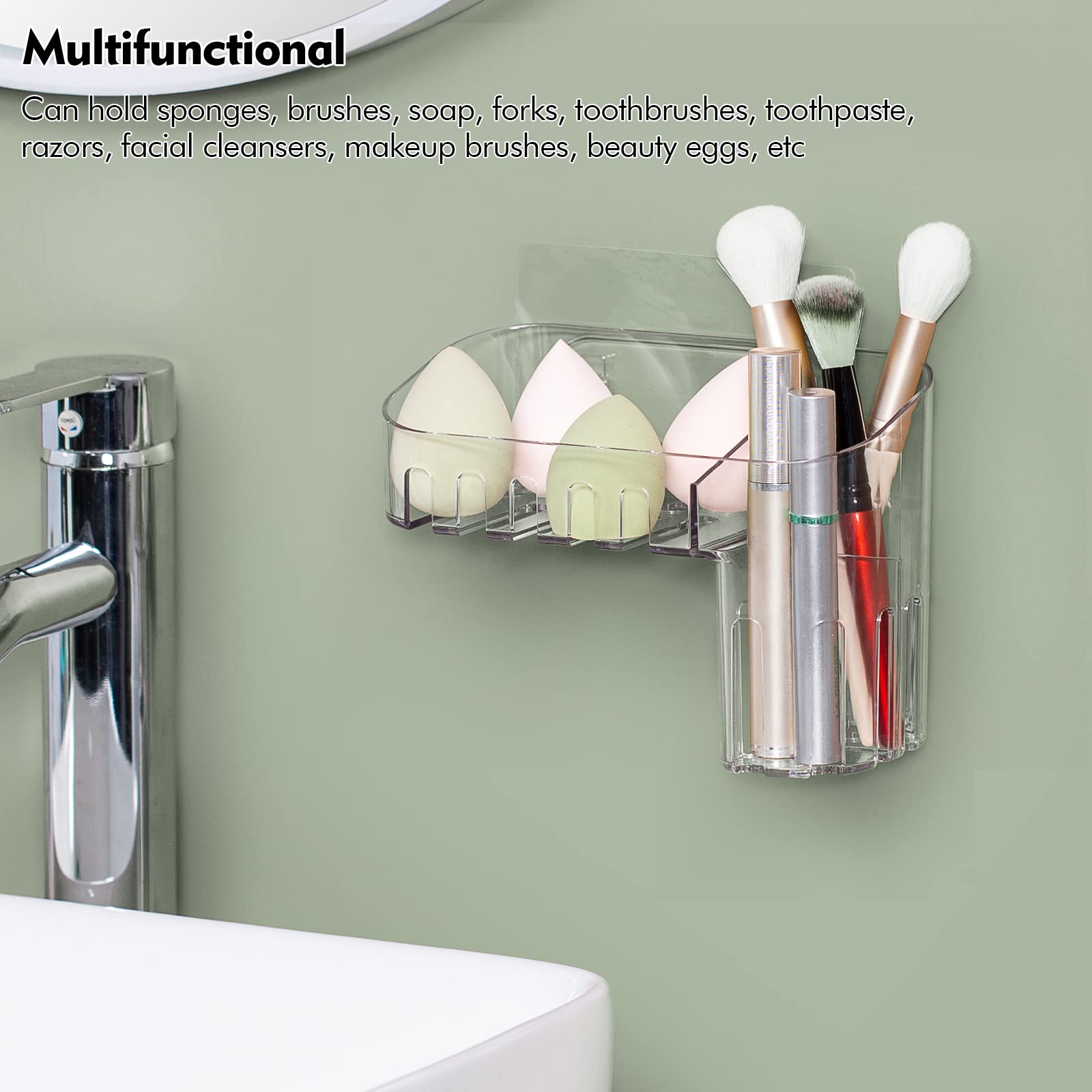 Lunmore Kitchen Sink Caddy, Plastic Sponge and Brush Holder, Adhesive Sink Organizer for Bathroom, Kitchen (Transparent)