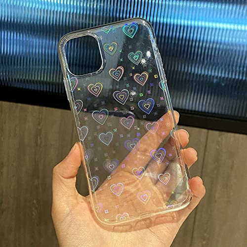 SmoBea Compatible with iPhone 12 Mini Case, for Laser Glitter Bling Heart Soft & Flexible TPU and Hard PC Back Shockproof Cover Women Girls Heart Pattern Phone Case (Rainbow Heart/Clear)