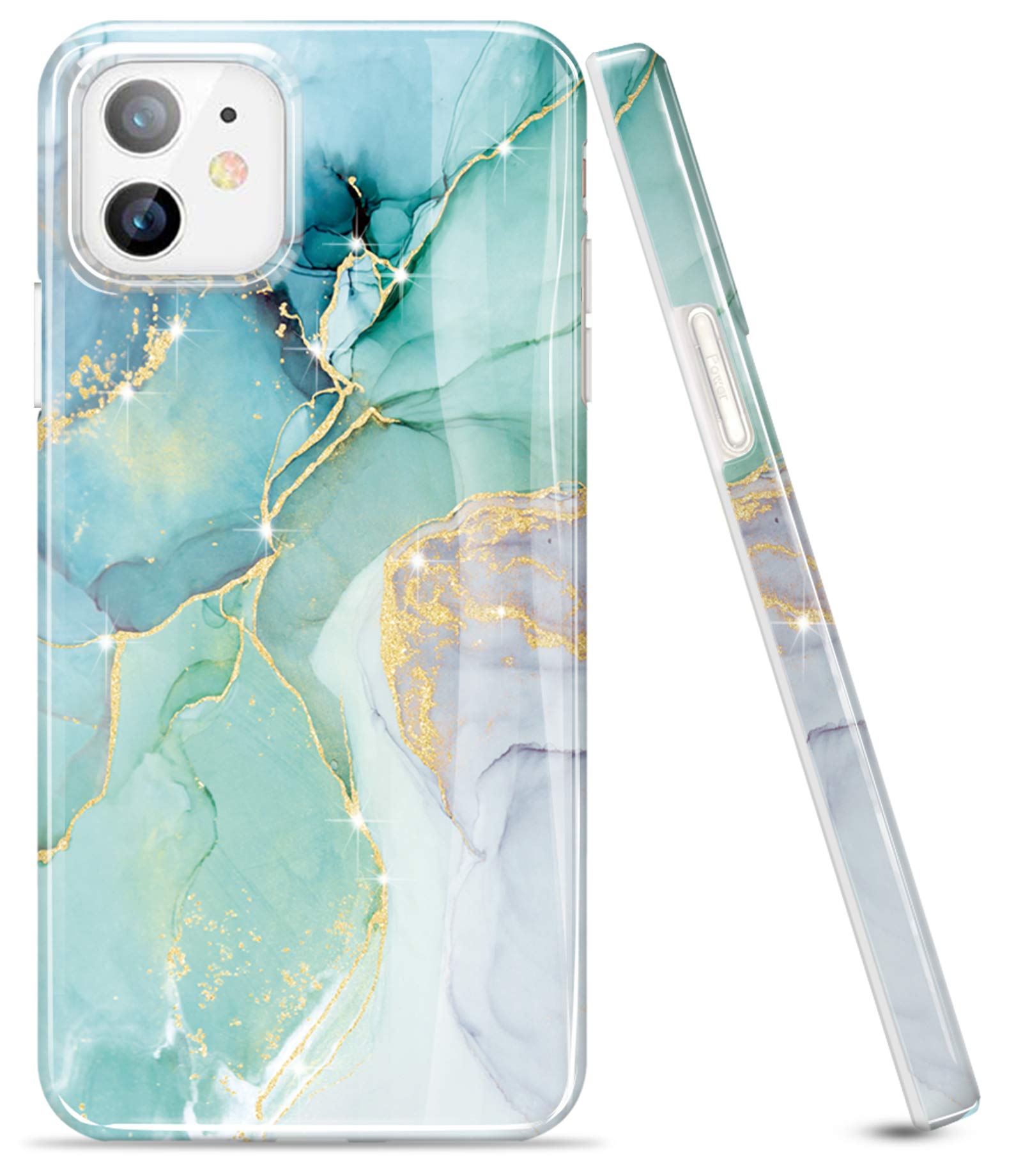 LUOLNH Gold Glitter Sparkle Case Compatible with iPhone 12 Mini Case 5.4 Inch Marble Design Shockproof Soft Silicone Rubber TPU Bumper Cover Skin Phone Case -Abstract Mint