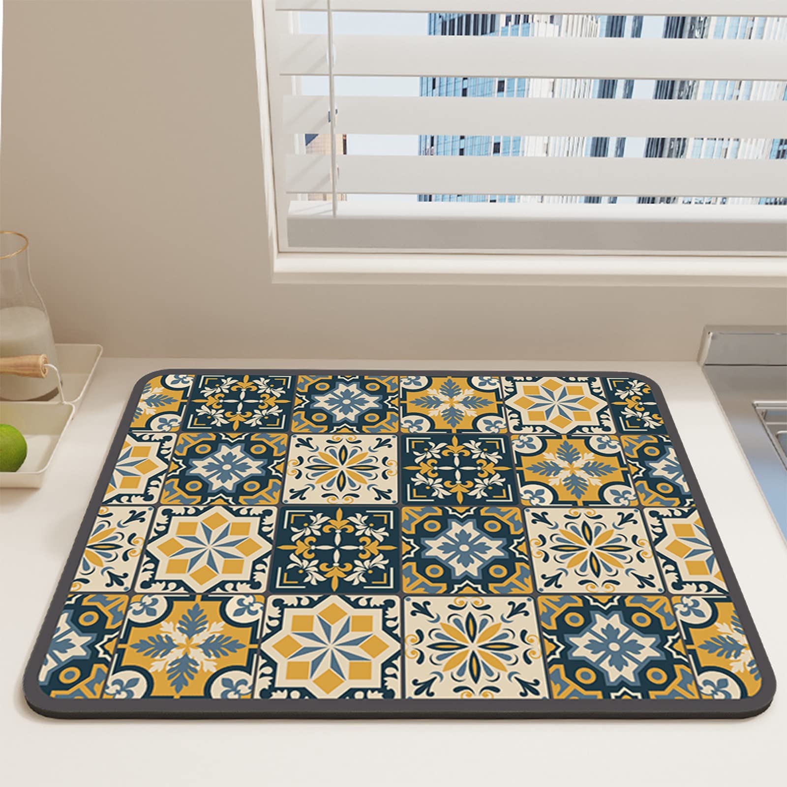 NeuWee Dish Drying Mat for Kitchen Counter, Super Absorbent, Heat Resistant, Non-Slip Dish Drying Pad, Hide Stain Coffee Mat, Table Mat Under Appliance, Ethnic Style, Yellow Blue Print, 16 x 20 Inch