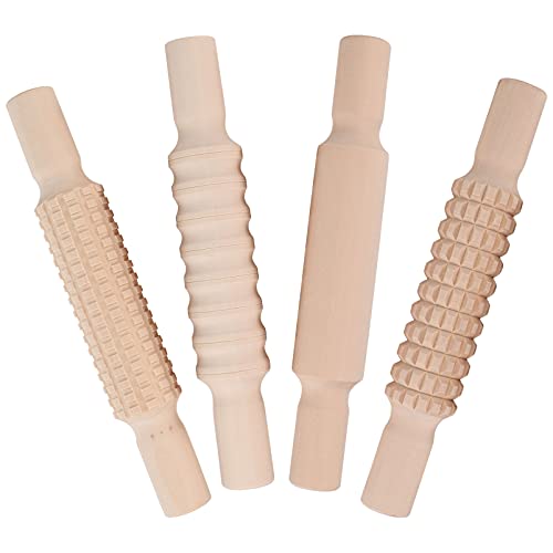 NUOBESTY 4pcs Wooden Mini Rolling Pin Embossed Rolling Stick Dough Molding Shaping Tool for Toddler Kids Art Craft Activity Supplies