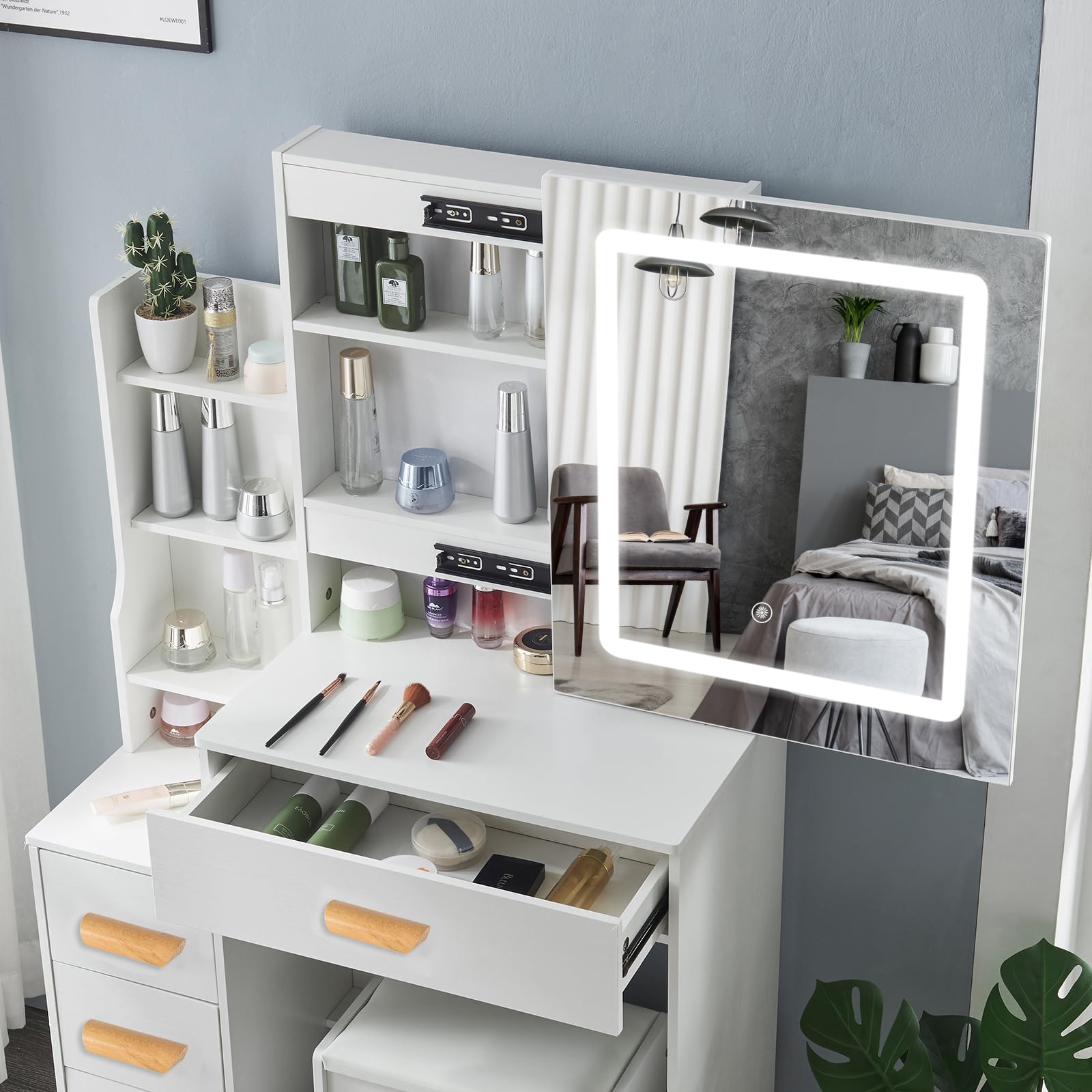 Jarbalai Modern Makeup Table Set with LED Lighted Sliding Mirror, White Vanity Dressing Table with Drawers & Cushion Stool, Large Vanity Set Dresser for Bedroom