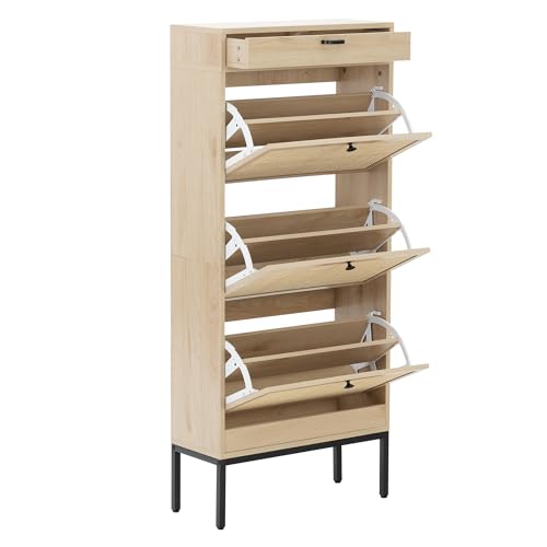 XIAO WEI Shoe Cabinet, Natural Rectangular Handmade Rattan Shoe Storage Organizer Cabinet with 3 Flip Drawers, Freestanding Shoe Rack with Adjustable Shelf for Entryway