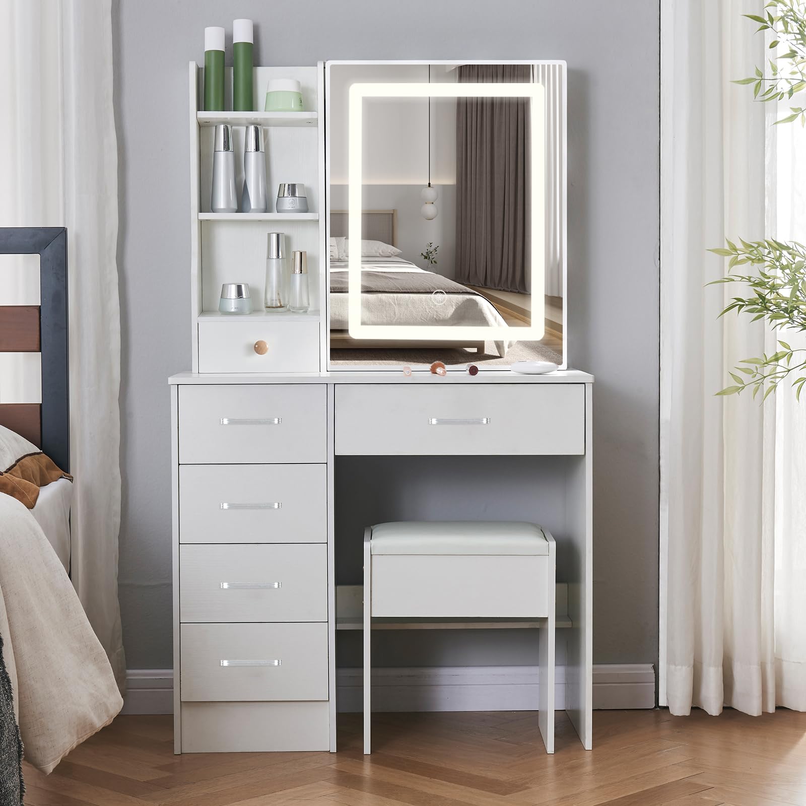 Jarbalai Vanity Desk with Lights, Vanity Table with Lights and Mirror, Makeup Table with 10 LED Lighted Mirror, Dressing Table with 5 Drawers, Makeup Vanity Dresser for Girls Bedroom, White