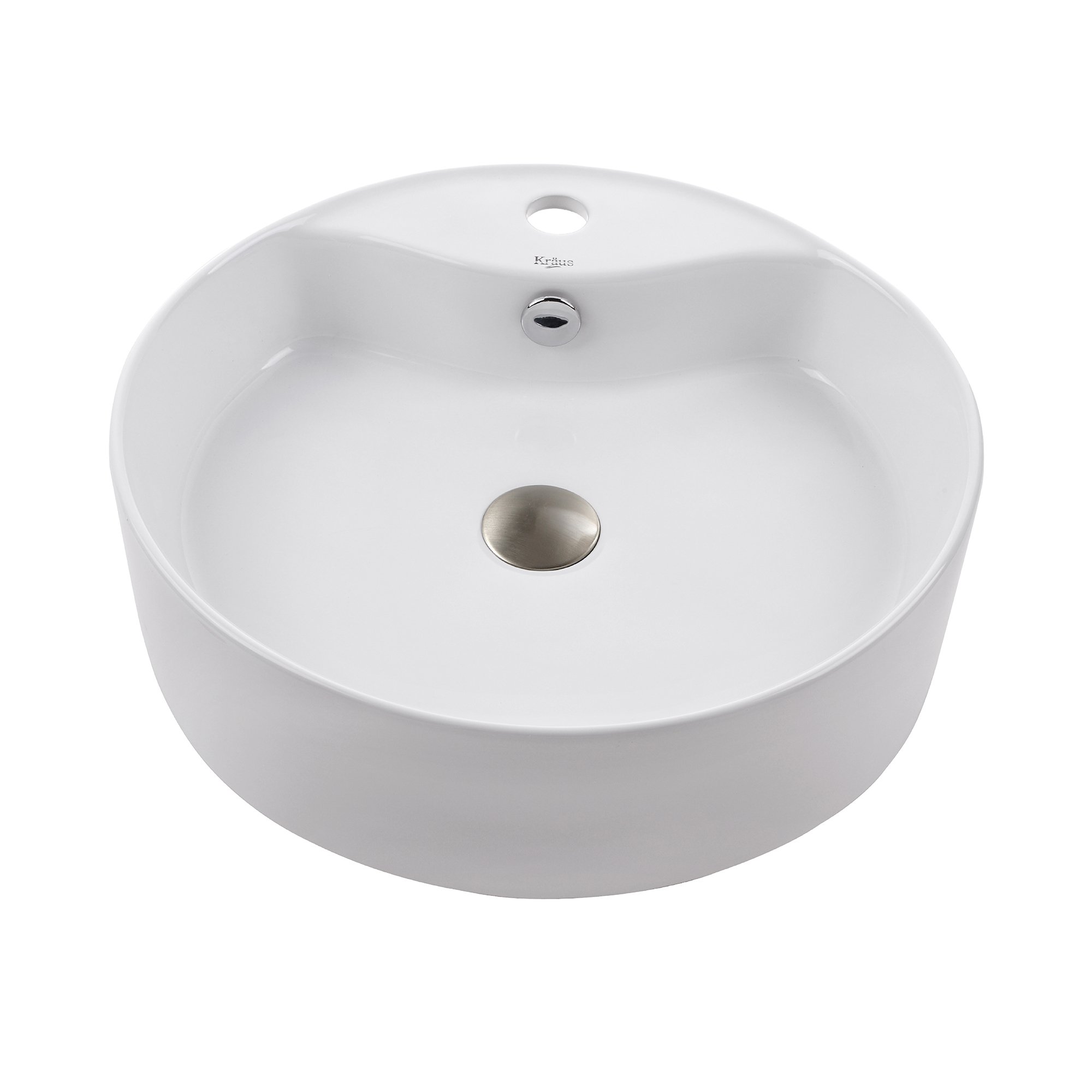 Kraus KCV-142-SN White Round Ceramic Bathroom Sink and Pop Up Drain with Overflow Satin Nickel