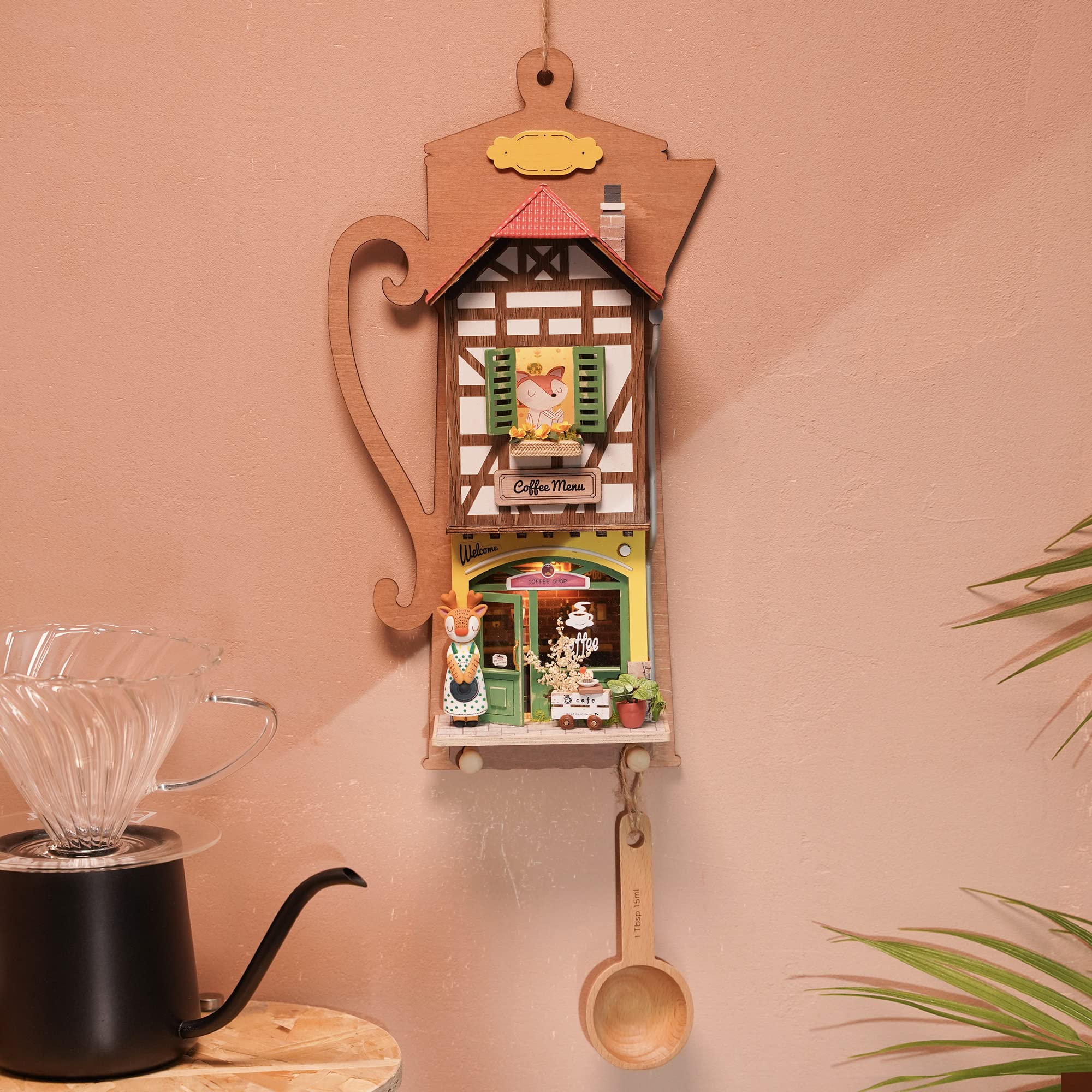 ROBOTIME DIY Miniature Dollhouse kit with LED Wall Hanging Mini House with Hooks Wooden Craft Kits Room Decor Housewarming Gift (Lazy Coffee House)