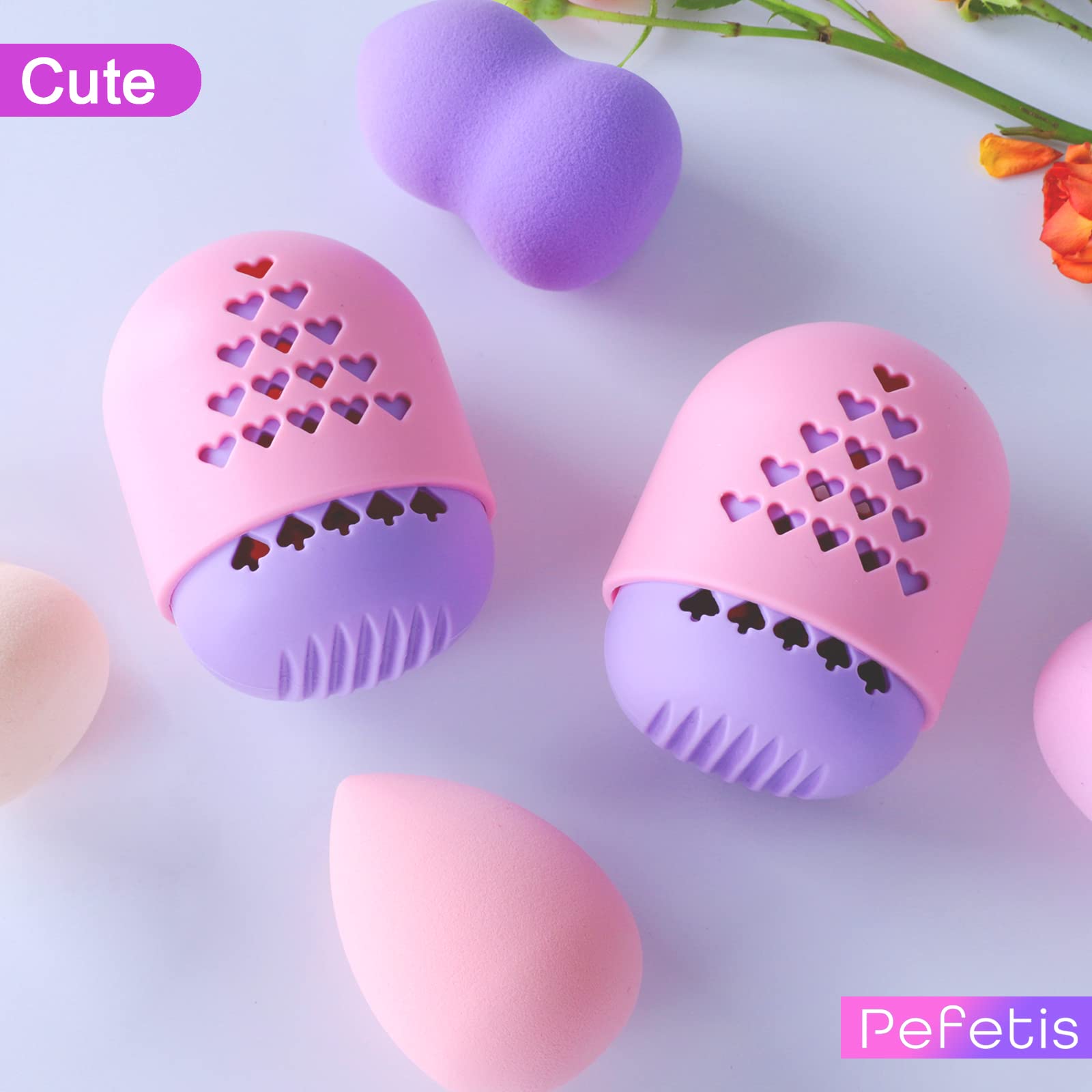 Pefetis Makeup Sponge Holder, Silicone Beauty Blender Case Travel Washable and Ventilated Makeup Egg Holder for Gift (Purple & Pink)