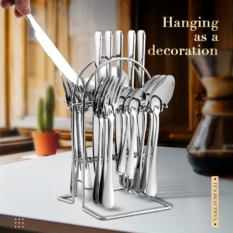 Tableware Silverware Set With Cutlery Rack, Stainless Steel Cutlery Cutlery Set 24 Piece Set for Home Kitchen Restaurant Hotel Dinner Service