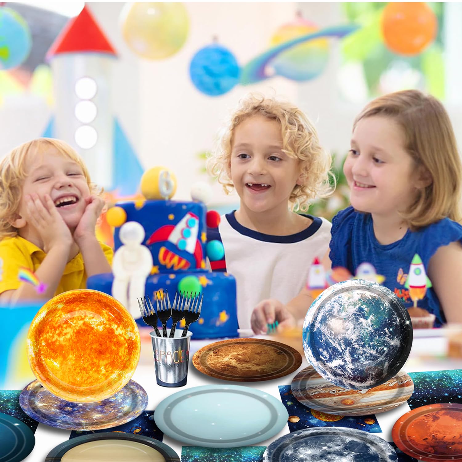 UROINEPA Space Theme Party Decorations 100Pcs Galaxy Planet Outer Space Disposable Plates and Napkins for Kids Space Solar System Planets Baby Shower Birthday Party Decorations