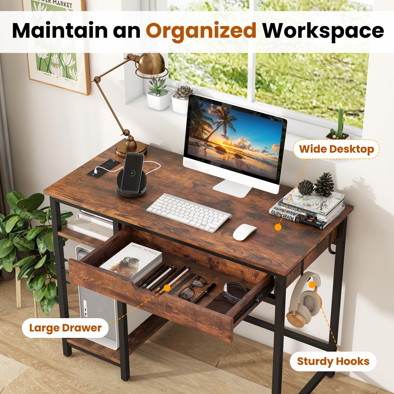 Tangkula Computer Desk with Charging Station, 40β Industrial Home Office Desk with Drawer & Adjustable Shelf, Compact Computer Workstation with CPU Stand & Headphone Hooks, Study Writing Desk