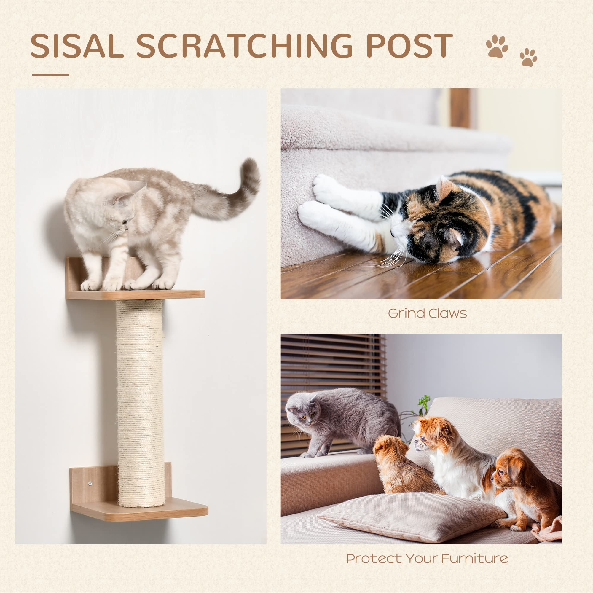 PawHut Indoor Cat Activity Tree 4-Piece Set, Mounted Pet Climbing Perches, Kitten Center with Feeding Station, Hammock Stairs, Scratching Post, Jumping Platform, Beige