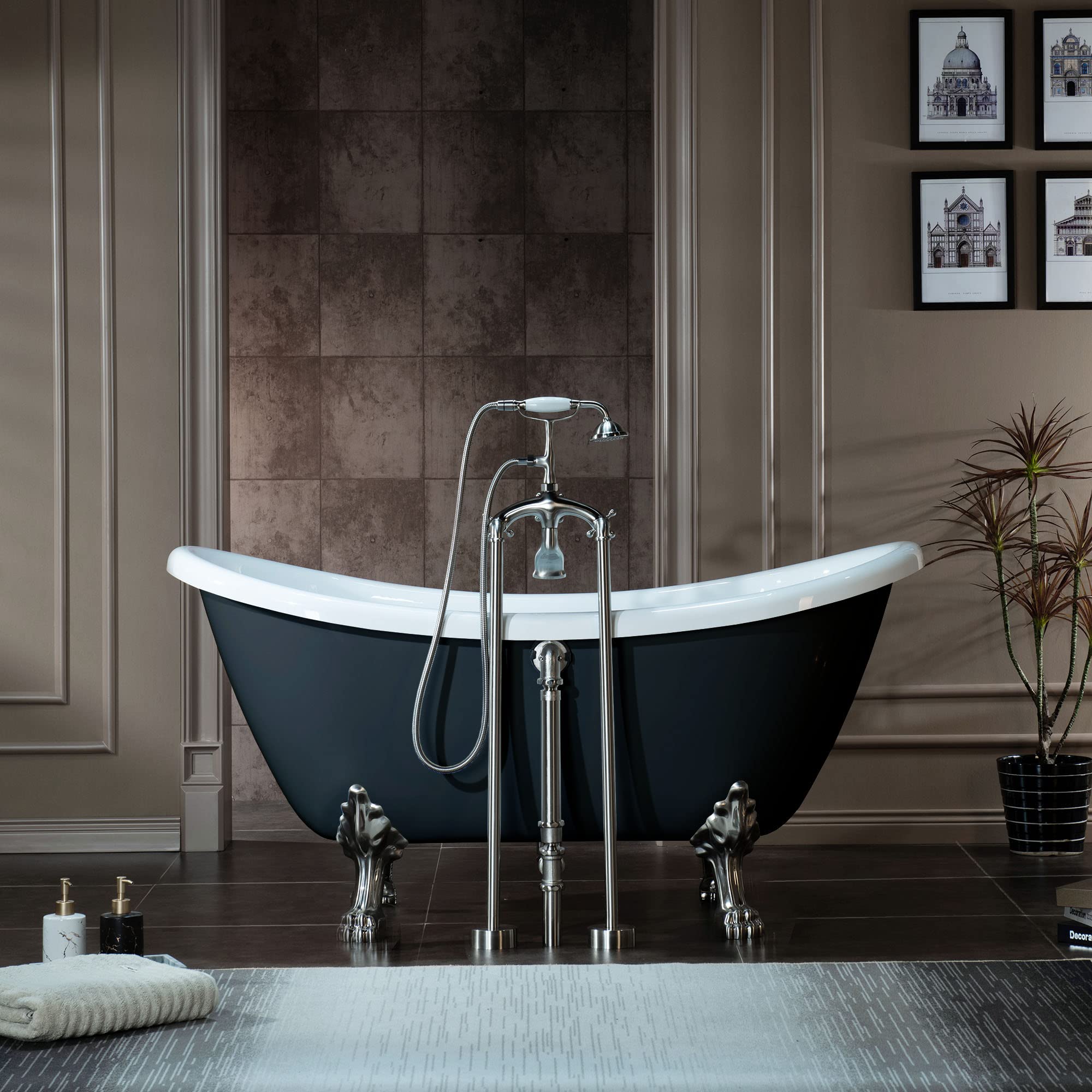 WOODBRIDGE 59" Double Slipper Clawfoot Bathtub with solid brass Polished Gold Finish drain and overflow + PG Faucet