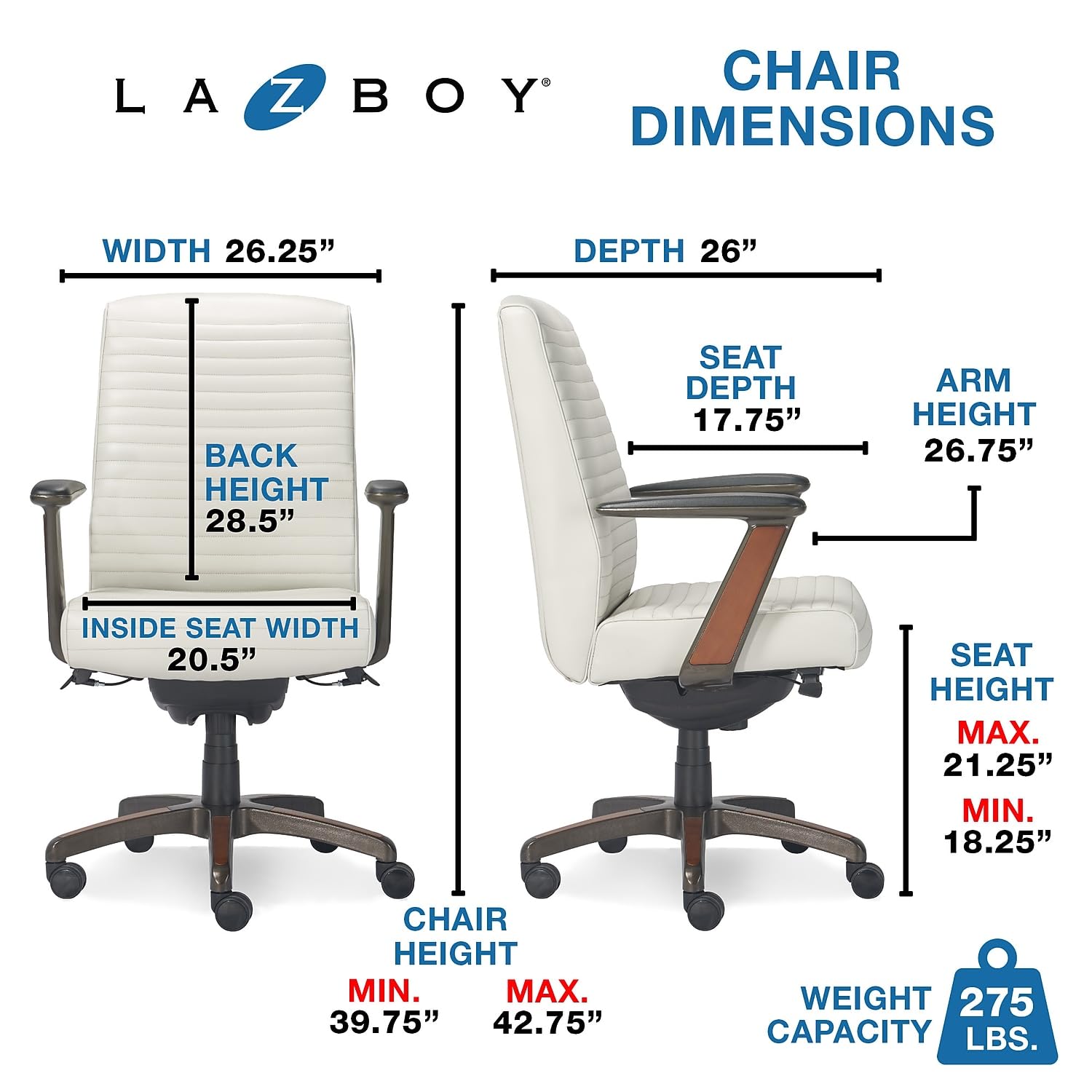La-Z-Boy Emerson Modern Executive Office Chair with Rich Wood Inlay, Ergonomic High-Back Lumbar Support, Bonded Leather, White